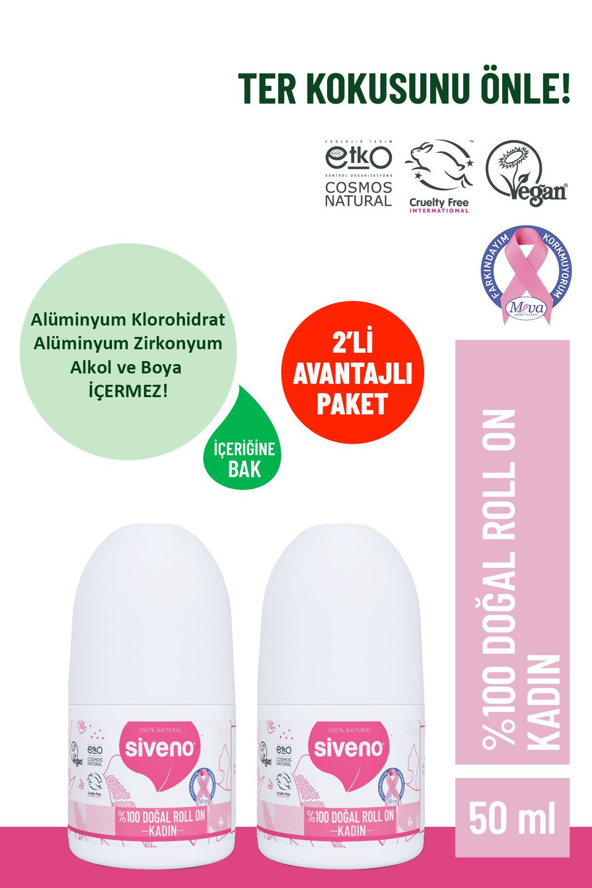 Siveno %100 Doğal Roll-On Kadın Deodorant Ter Kokusu Önleyici Bitkisel ...
