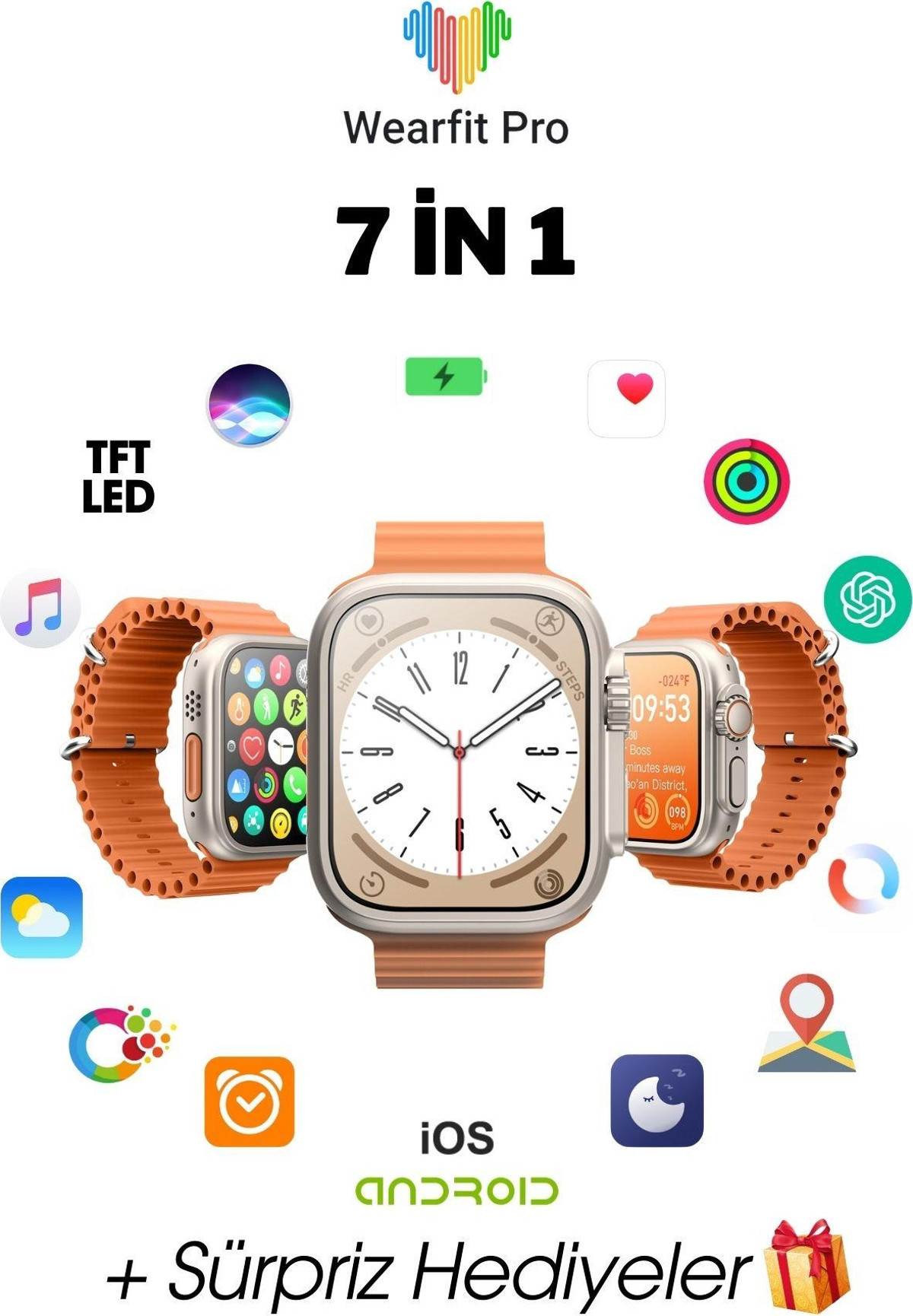Wearfit 7İn1 Akıllı Kol Saati Smart Watch 7 Kordonlu Model inç 49 mm ...