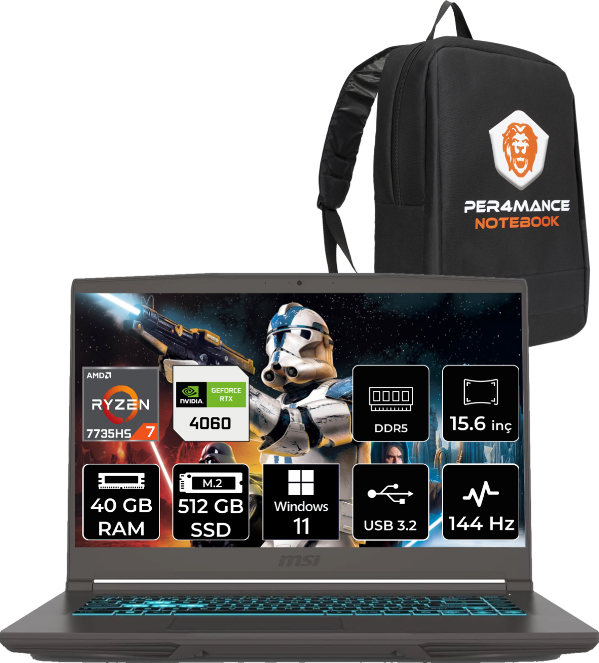MSI Thin A15 AMD Ryzen 7 7735HS 40GB 512GB SSD 15.6" FHD 144Hz W11H ...