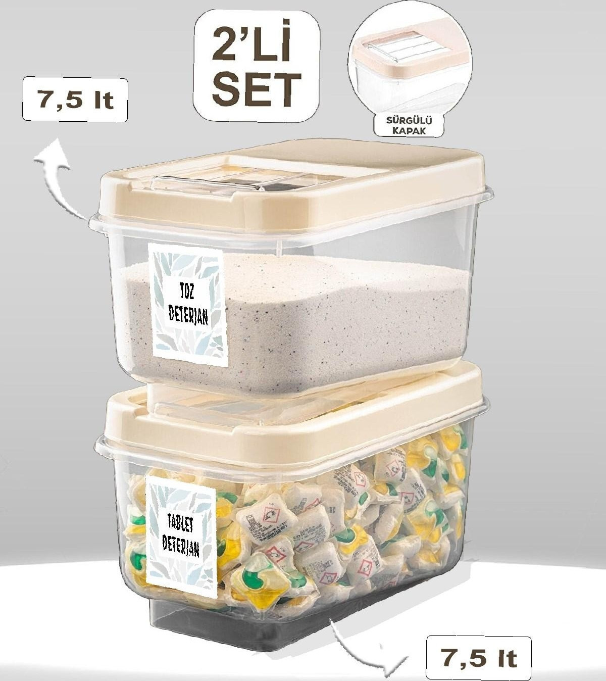 Kayar Kapaklı Deterjan Saklama Kabı Tablet Deterjan Saklama Kutusu Krem ...
