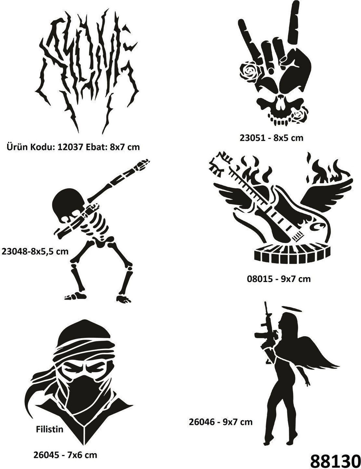 Airbrush Tattoo Rock Ve Müzik Sembolleri 6 Adet Geçici Dövme Kalıbı ...