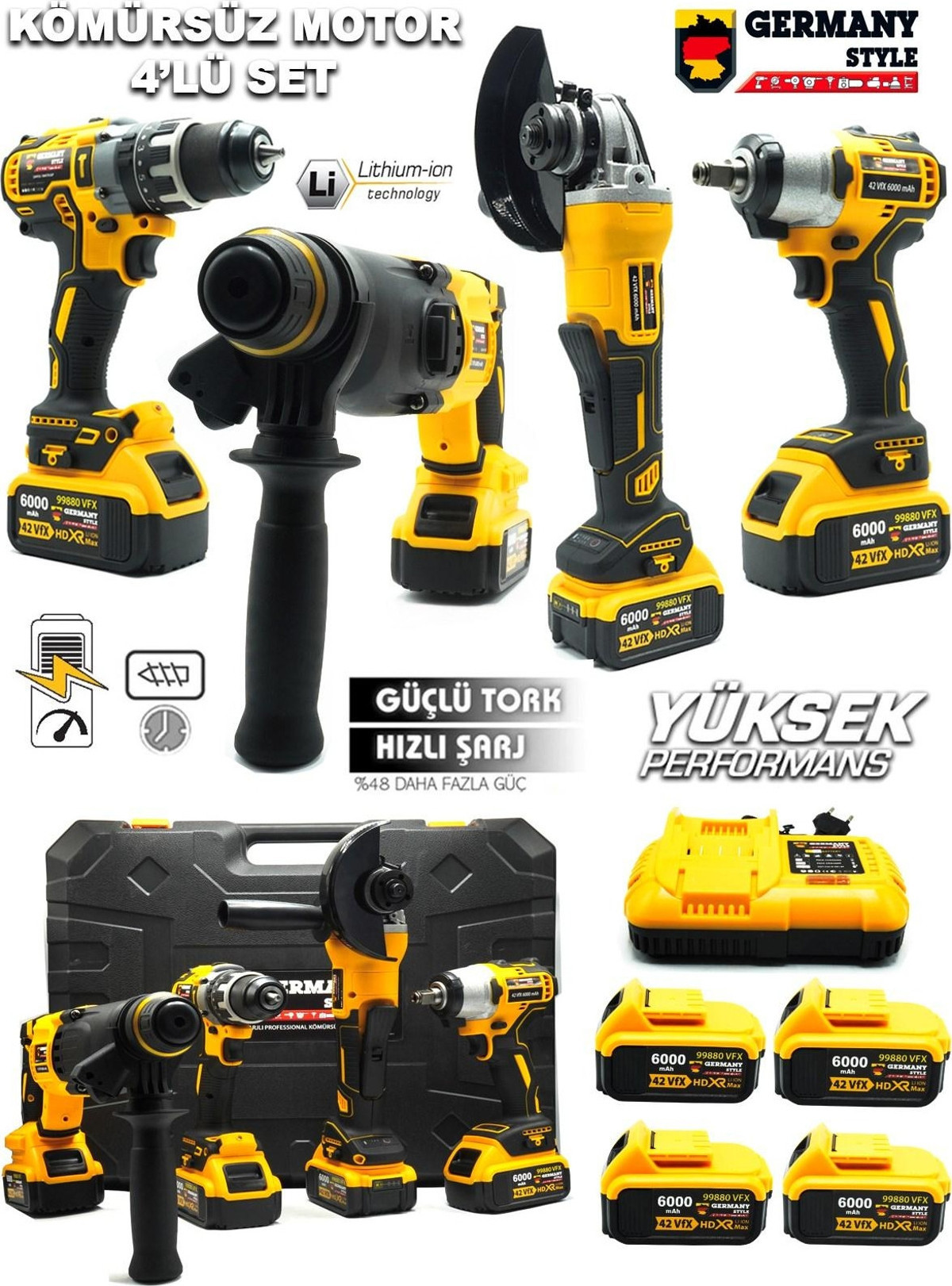 Germany Style Alman 248VFX Şarjlı Dörtlü Set Darbeli Matkap Torklu ...