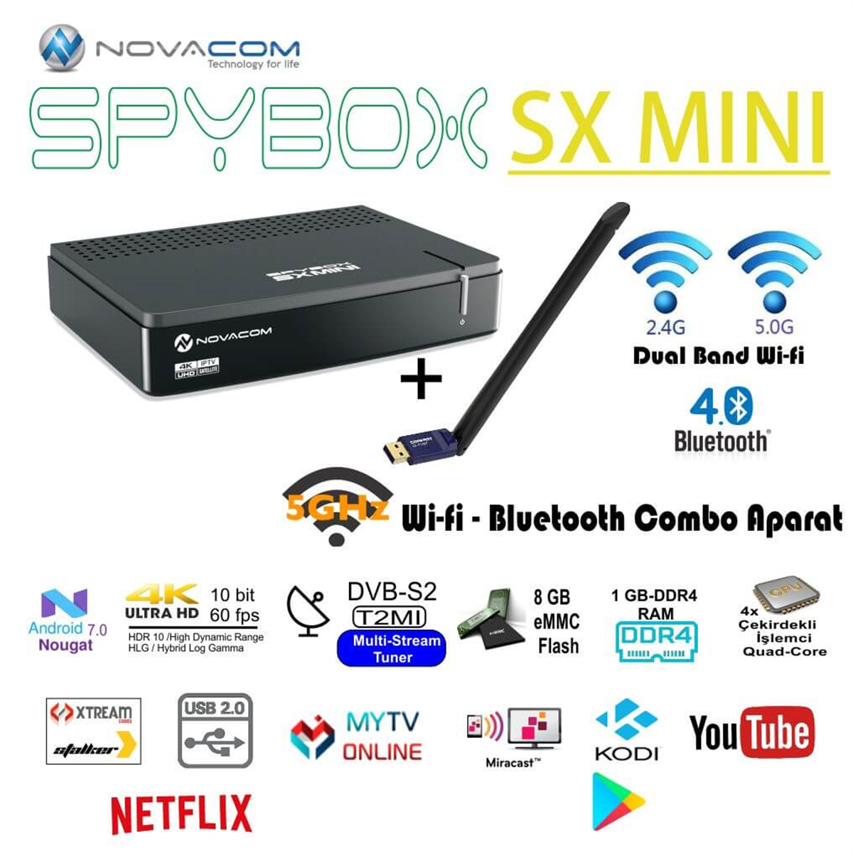Novacom Spybox Sx Mini Android 4K Uydu Alıcısı ve Dual Band 5 Ghz Wifi ...