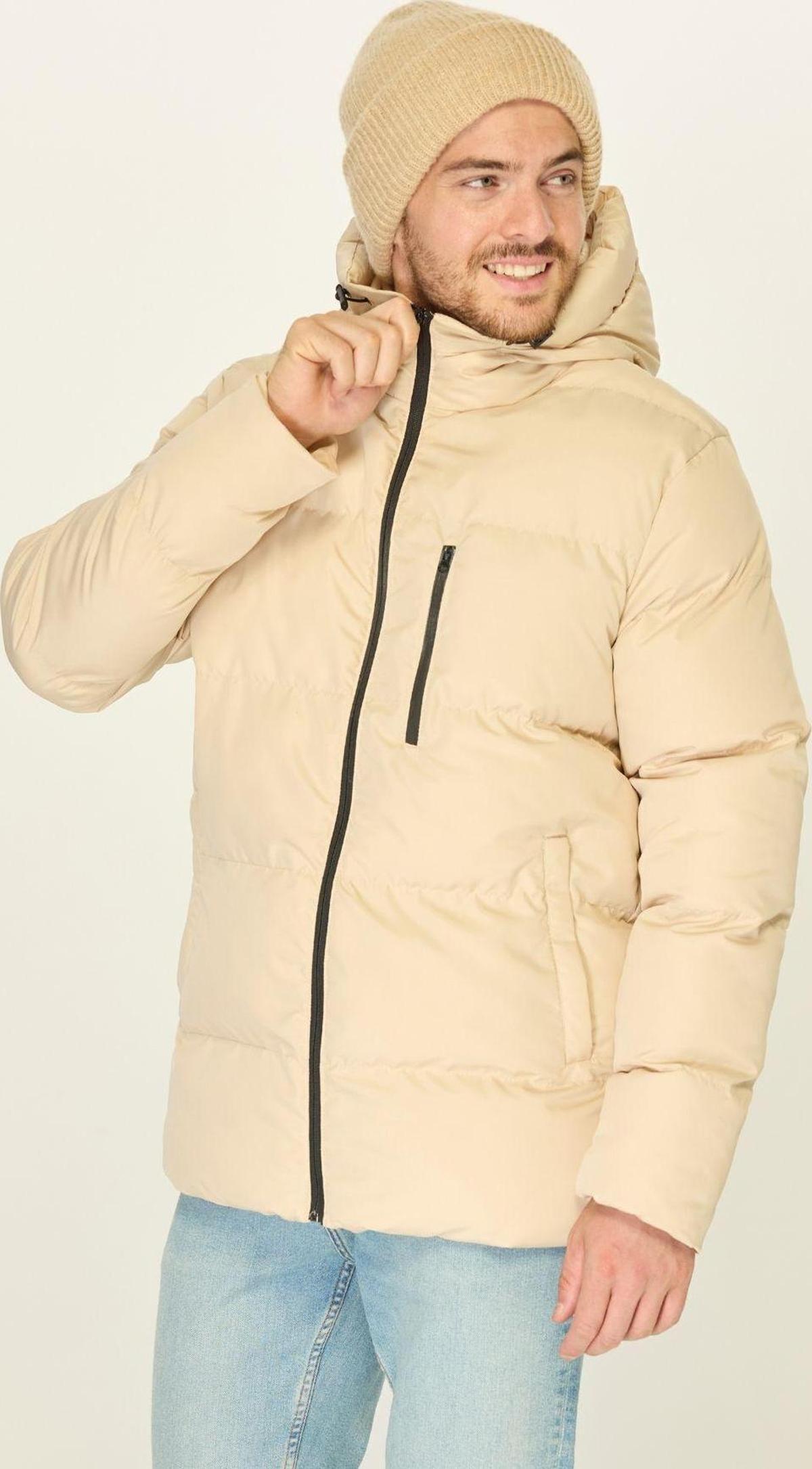 Erkek Bej Kalın Astarlı Kapüşonlu Şişme Spor Kışlık Mont - idefix