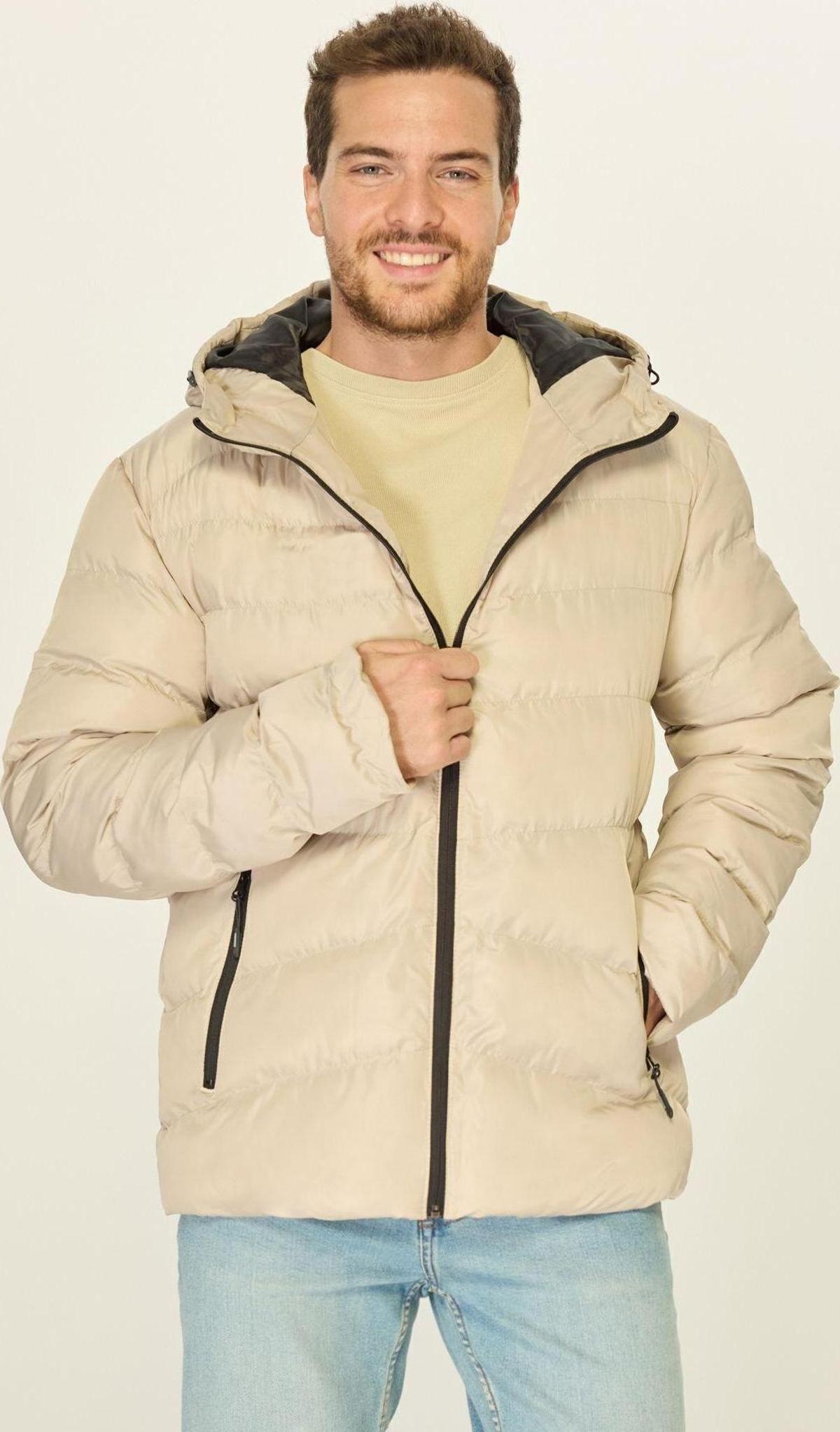 Erkek Bej Kapüşonlu Rüzgar Geçirmez Şişme Kışlık Mont - idefix