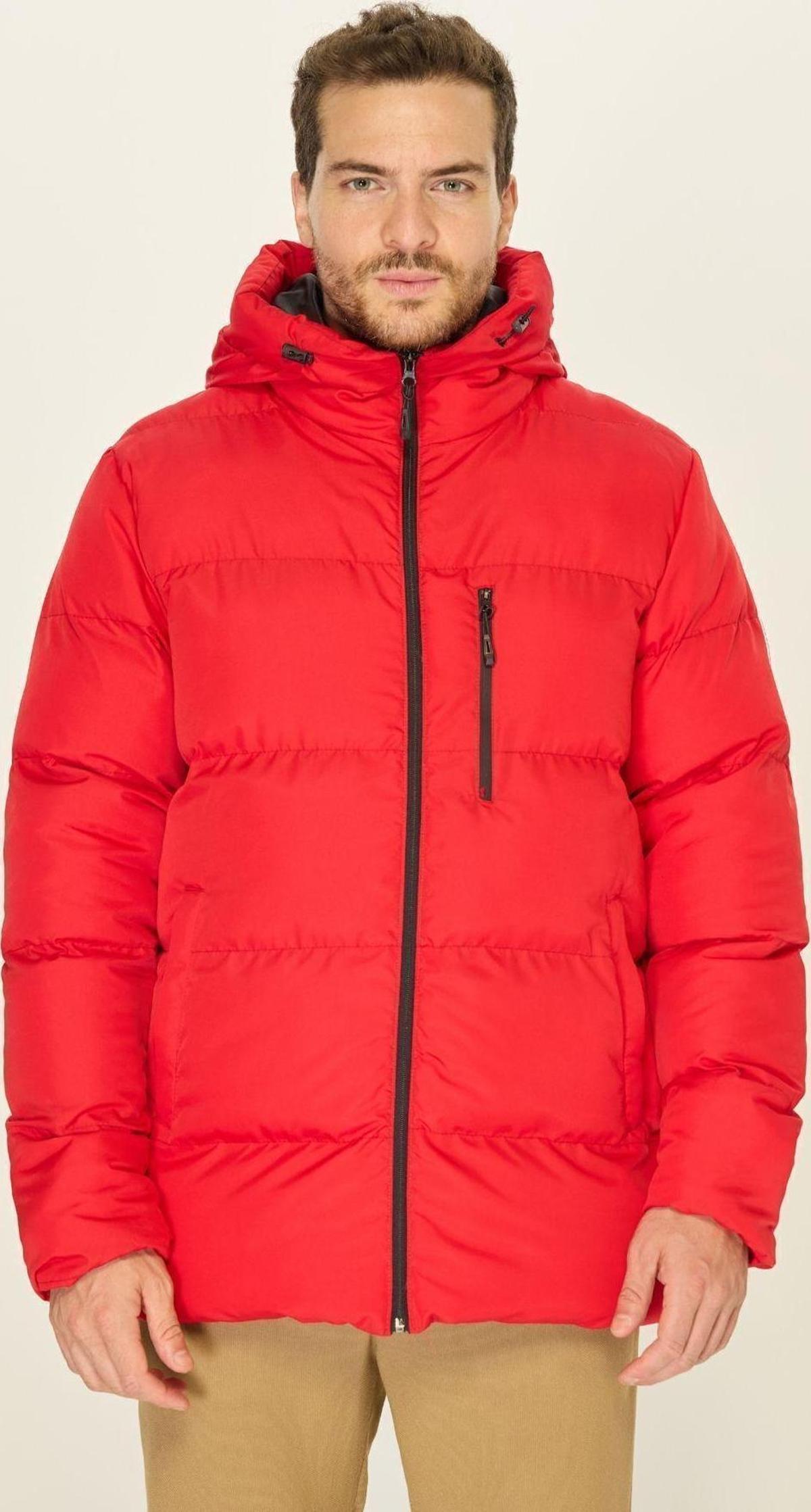 Erkek Kırmızı Kalın Astarlı Kapüşonlu Şişme Spor Kışlık Mont - idefix