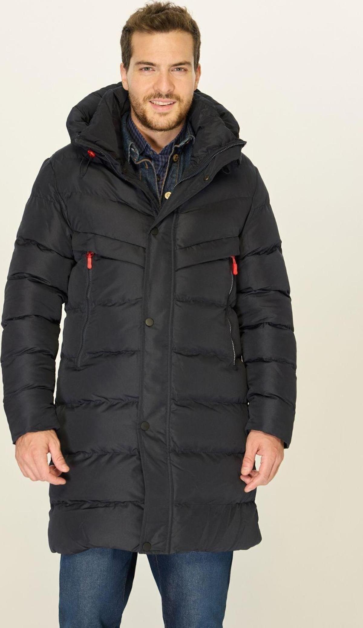 Erkek Kapüşonlu Rüzgar Geçirmez Lacivert Şişme Elyaf Dolgulu Uzun ...