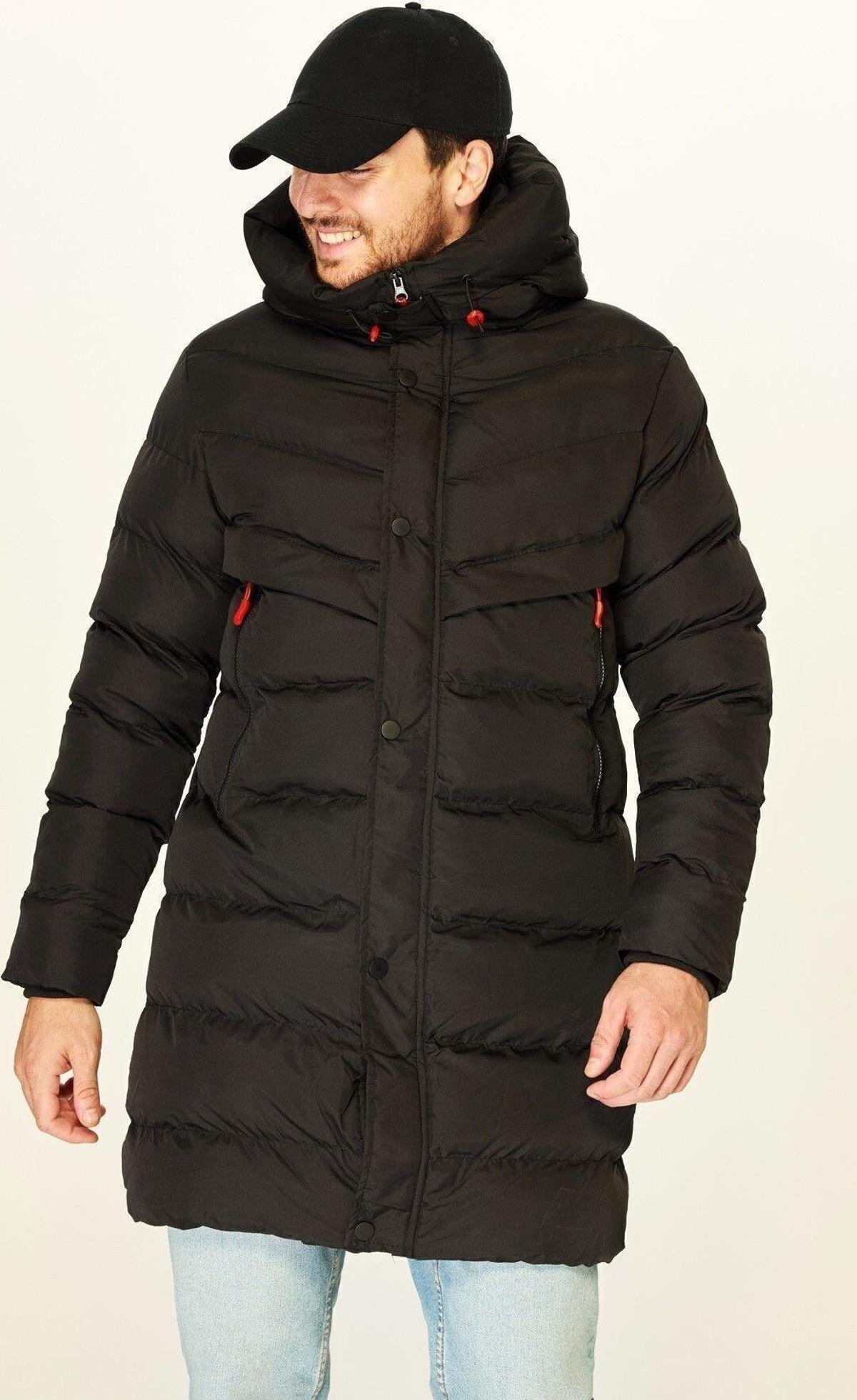 Erkek Kapüşonlu Rüzgar Geçirmez Siyah Şişme Elyaf Dolgulu Uzun Kışlık ...