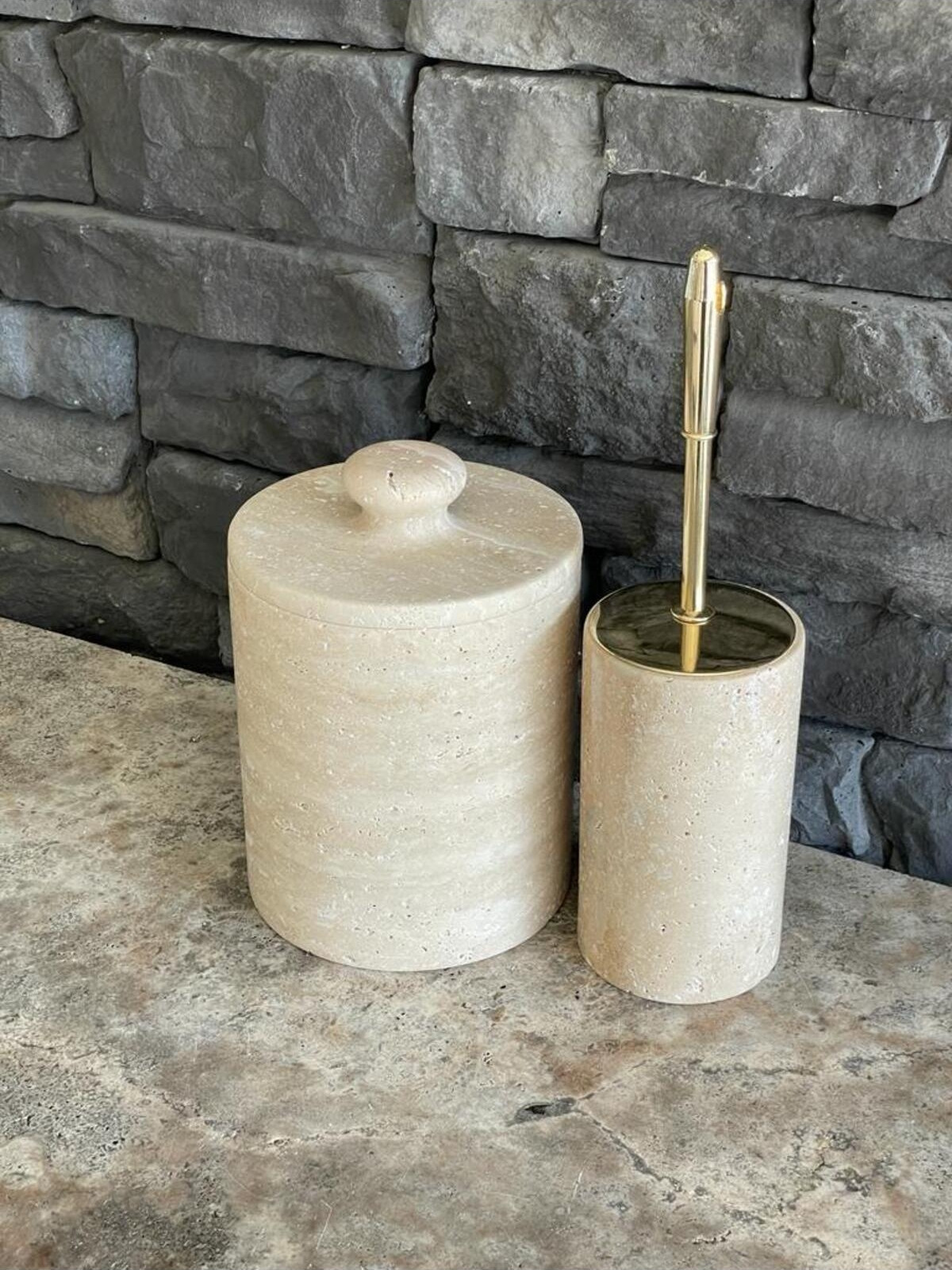 Polen Stone Traverten Doğal Taş Çöp Kovası Ve Wc Fırçalığı ( Gold Firça ...