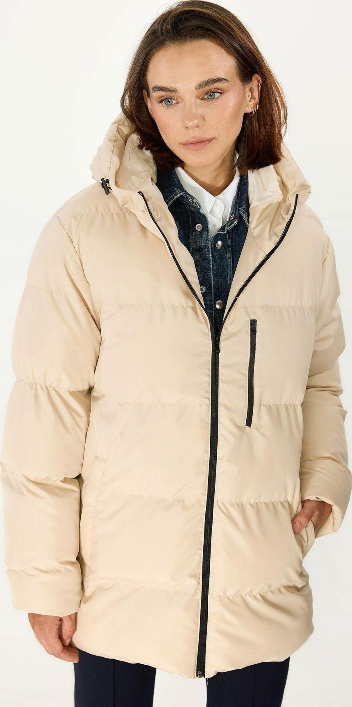 Kadın Bej Içi Astarlı Kapüşonlu Rüzgar Geçirmez Şişme Kışlık Mont - idefix