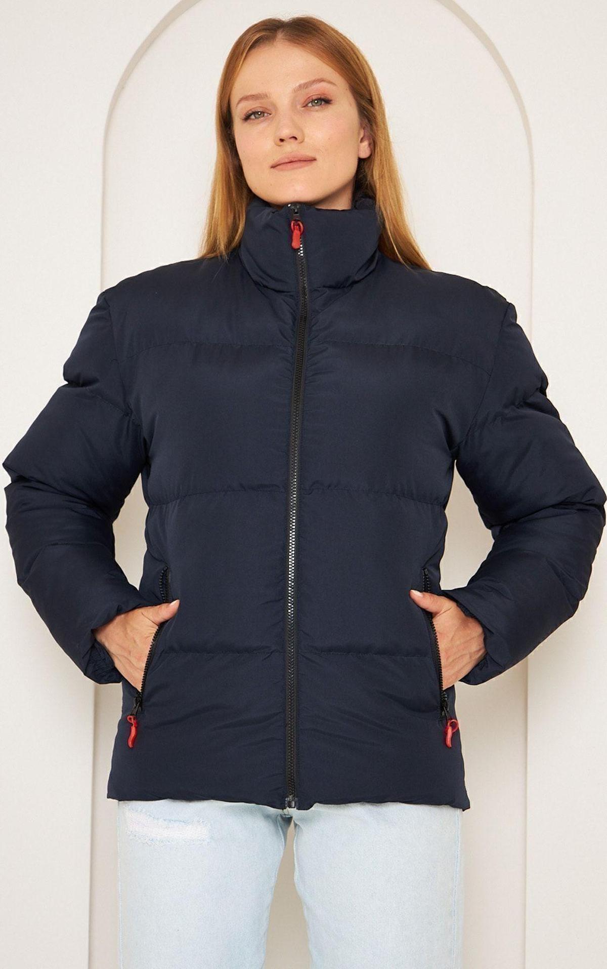 Kadın Lacivert Astarlı Rüzgar Geçirmez Şişme Kışlık Mont - idefix