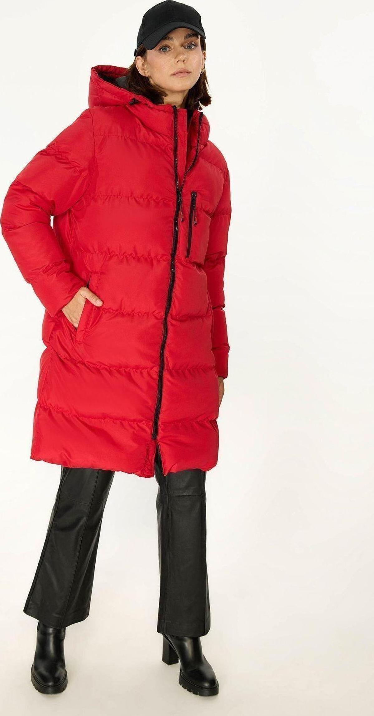 Kadın Kapüşonlu Rüzgar Geçirmez Kırmızı Şişme Uzun Kışlık Mont Parka ...