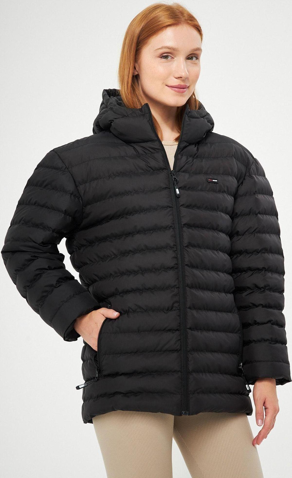 Kadın Siyah Su Ve Rüzgar Geçirmez Kapüşonlu Kışlık Şişme Mont - idefix