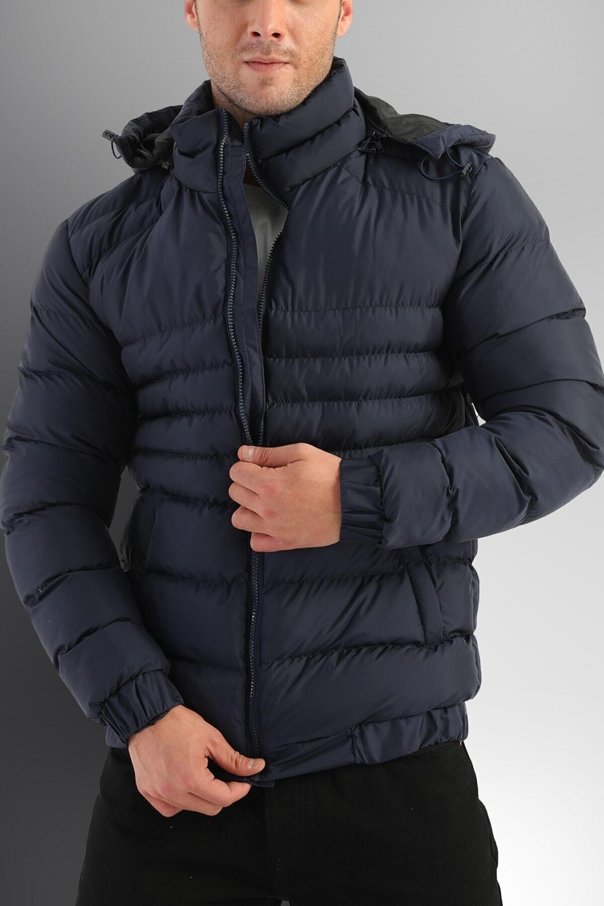 Erkek Lacivert Çıkarılabilir Kapüşonlu Rüzgar Geçirmez Şişme Kışlık ...