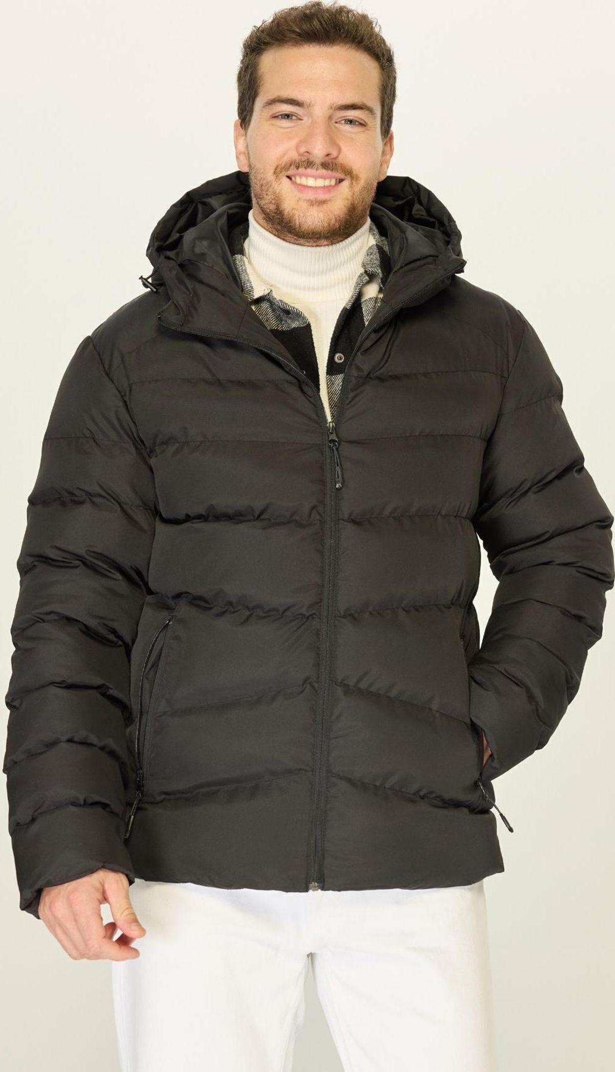 Erkek Siyah Kapüşonlu Rüzgar Geçirmez Şişme Kışlık Mont - idefix