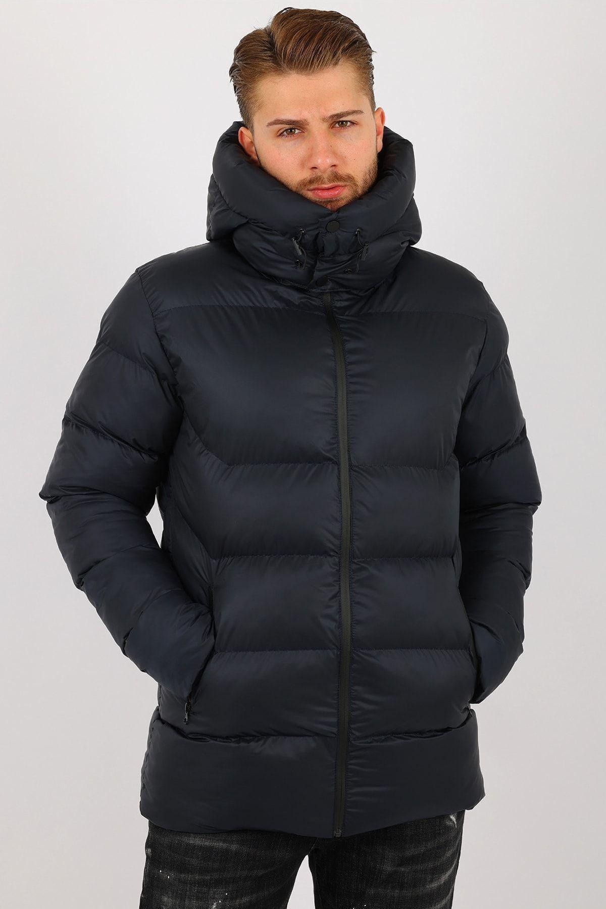 Erkek Lacivert Çıkma Kapüşonlu Rüzgar Geçirmez Uzun Şişme Kışlık Mont ...