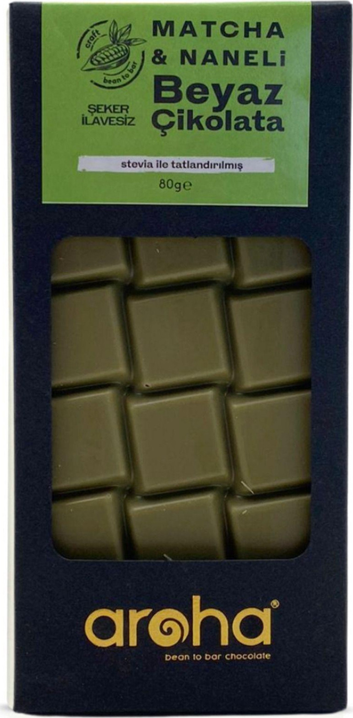 Aroha 2 Adet Matchalı & Naneli Şekersiz Stevialı Beyaz Çikolata. 80 Gr ...