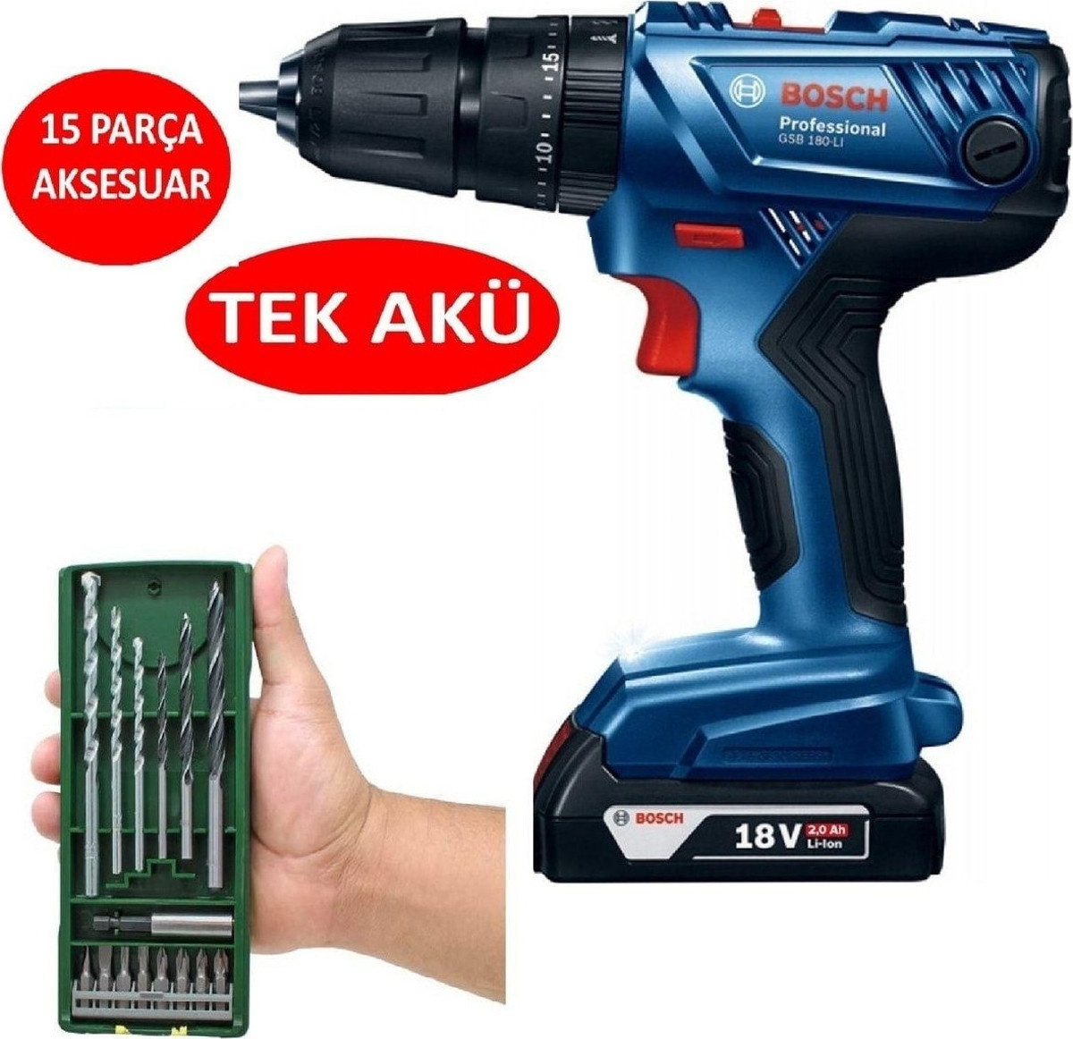 Bosch Tek Akülü Darbeli Matkap 18V Akülü Vidalama Şarjlı Matkap + 15 ...