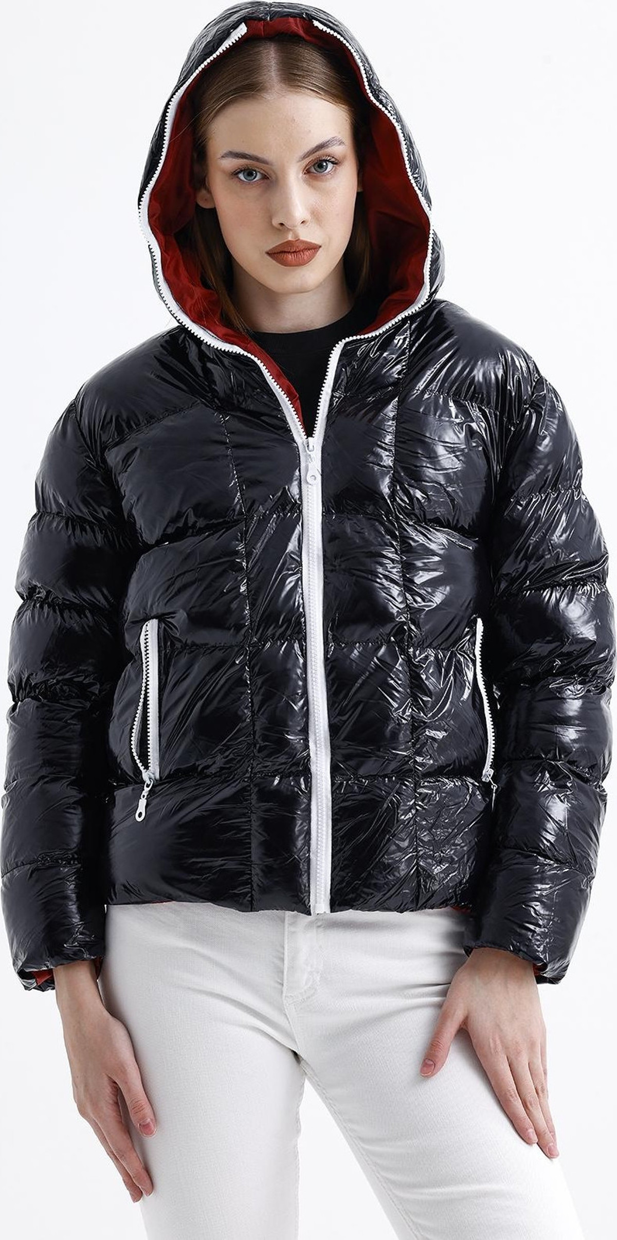 POLOPASS 4306-KPS Kadın Kısa Fermuarlı Kapüşonlu Parlak Şişme Mont - idefix