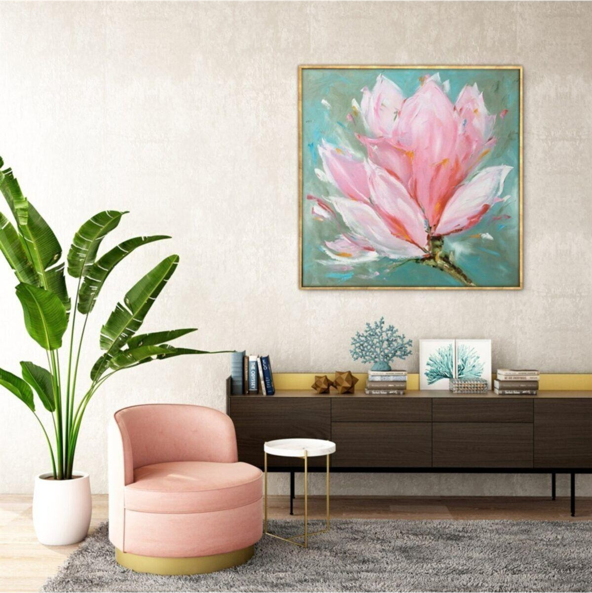 Tablo Life Tablolife Pink Flower Yağlı Boya Dokulu Tablo 100X100 ...