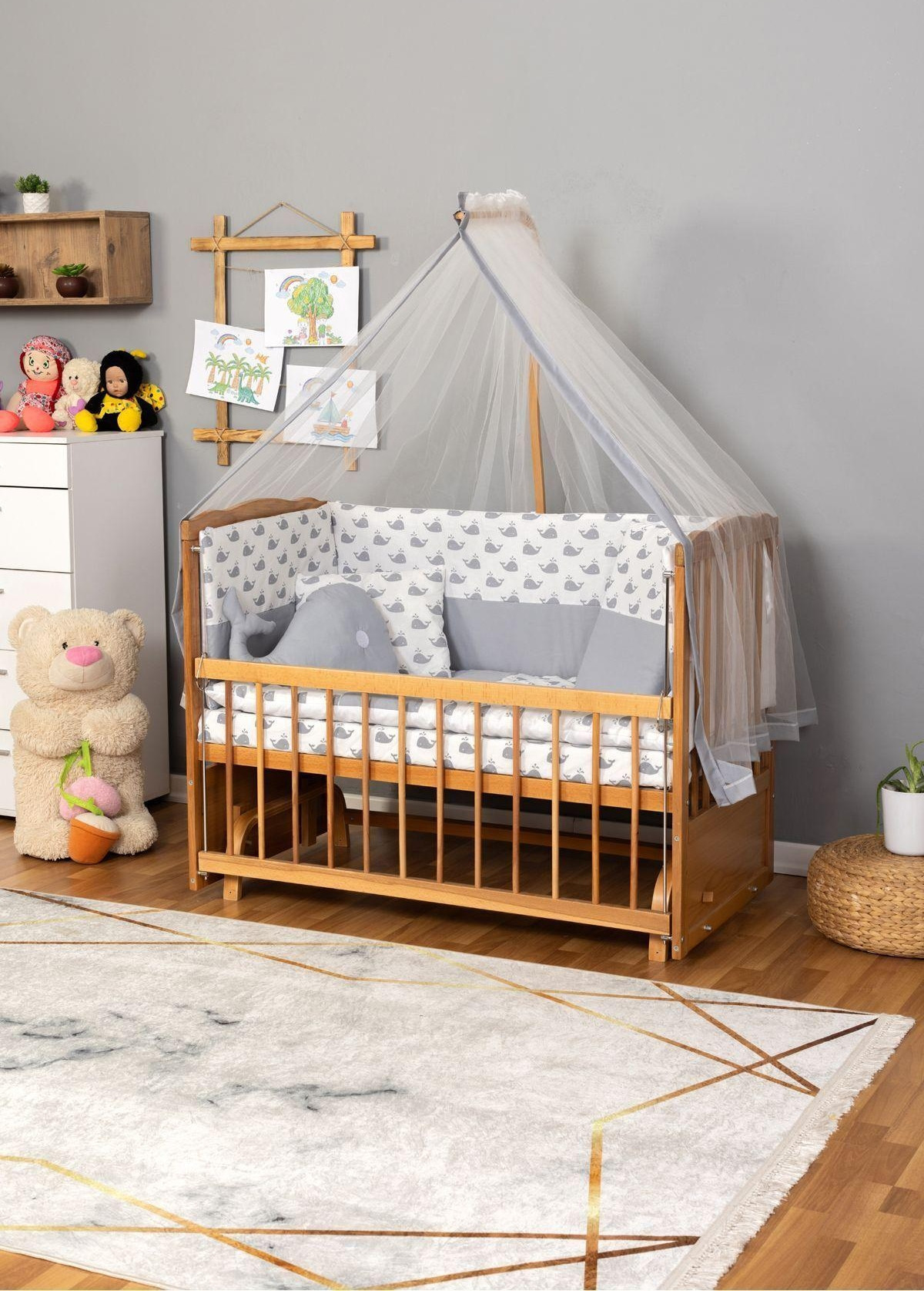 Bamgidoo Ahşap Beşik Anne Yanı Beşik Doğal (Vernikli) 60x120 cm - Gri ...