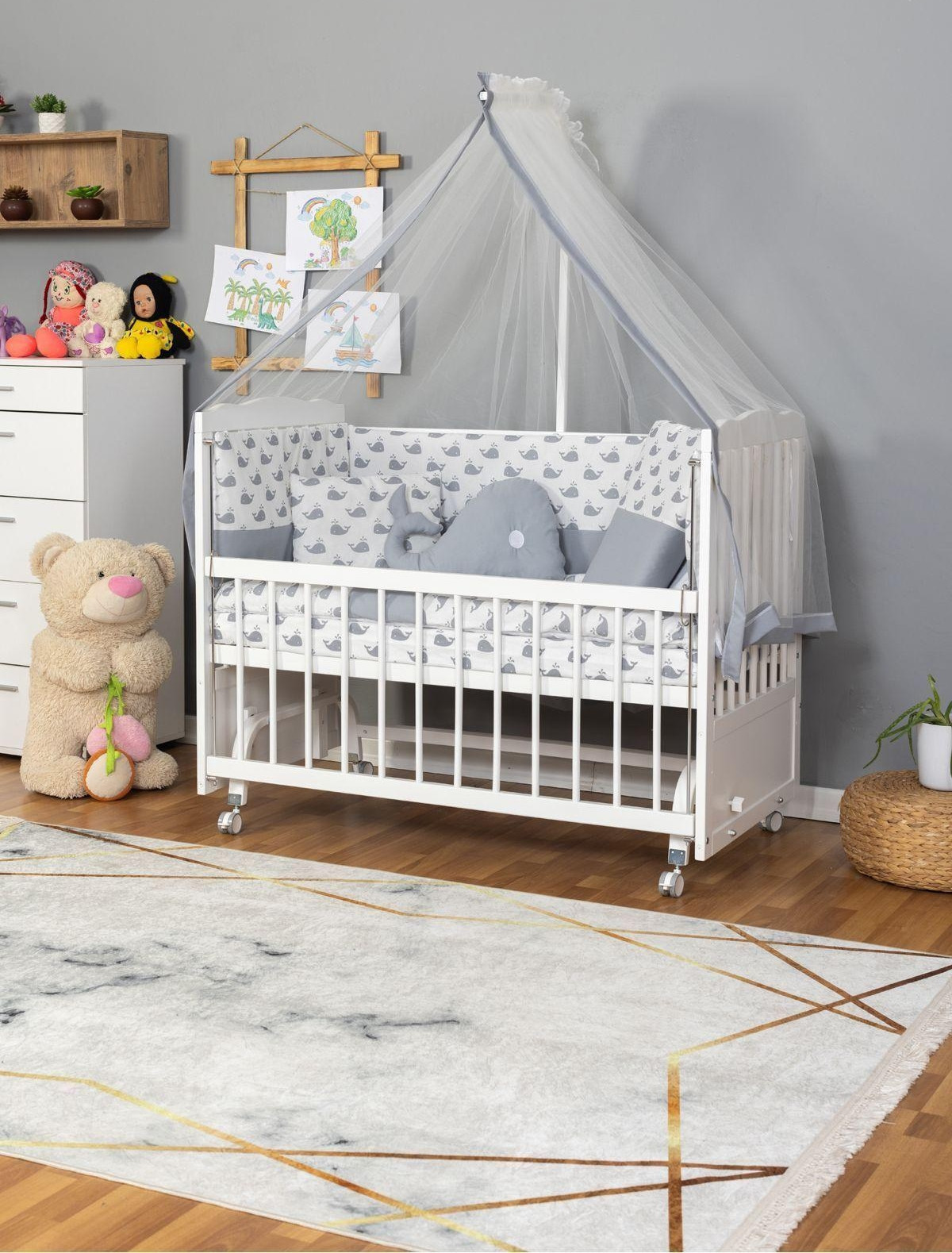 Bamgidoo Ahşap Beşik Anne Yanı Beşik Beyaz 60x120 cm - Gri Balina Uyku ...