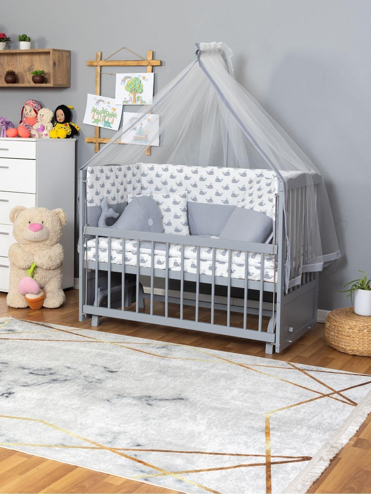 Bamgidoo Ahşap Beşik Anne Yanı Beşik Gri 60x120 cm - Gri Balina Uyku ...