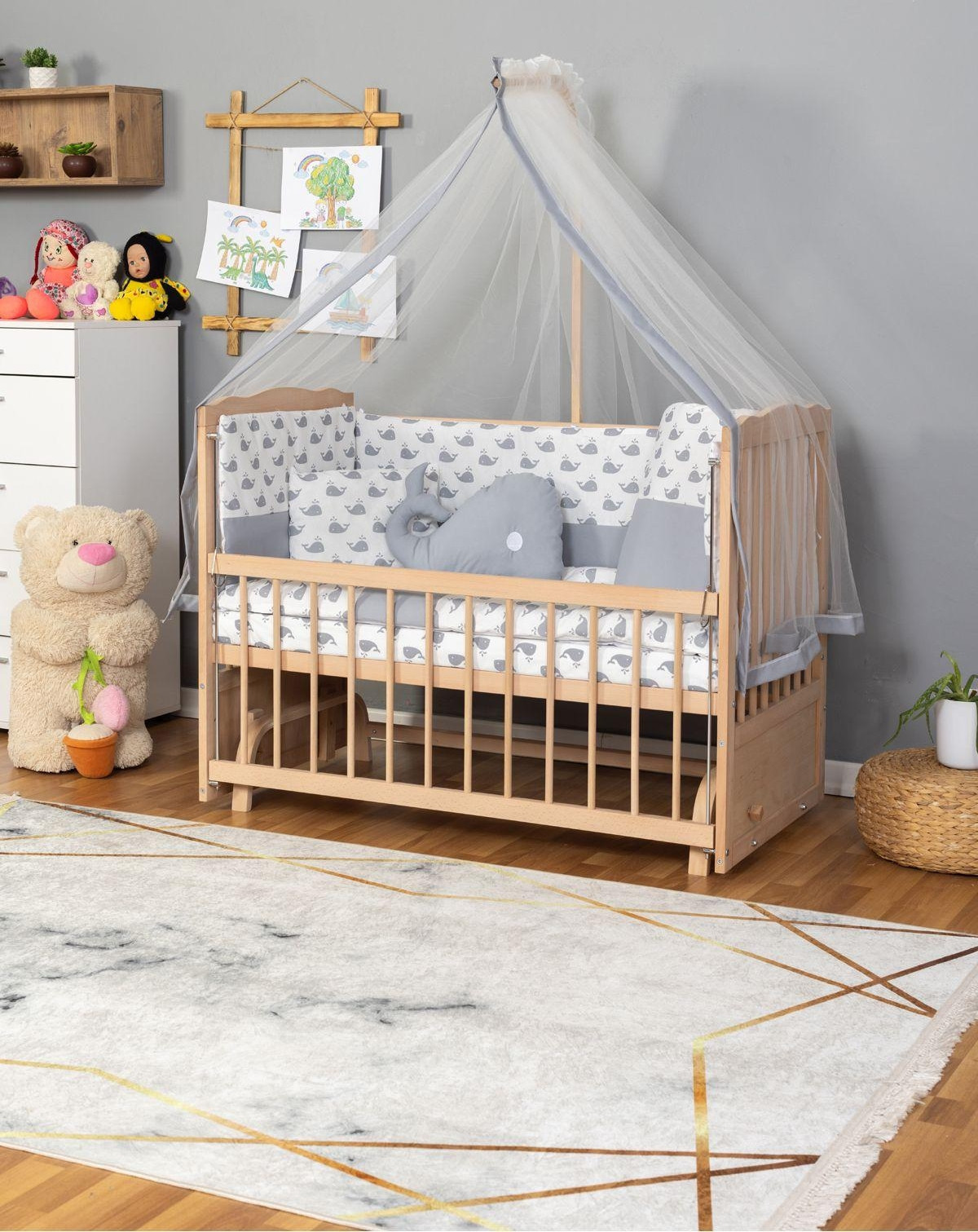 Bamgidoo Ahşap Beşik Anne Yanı Beşik Organik (Boyasız) 60x120 cm - Gri ...