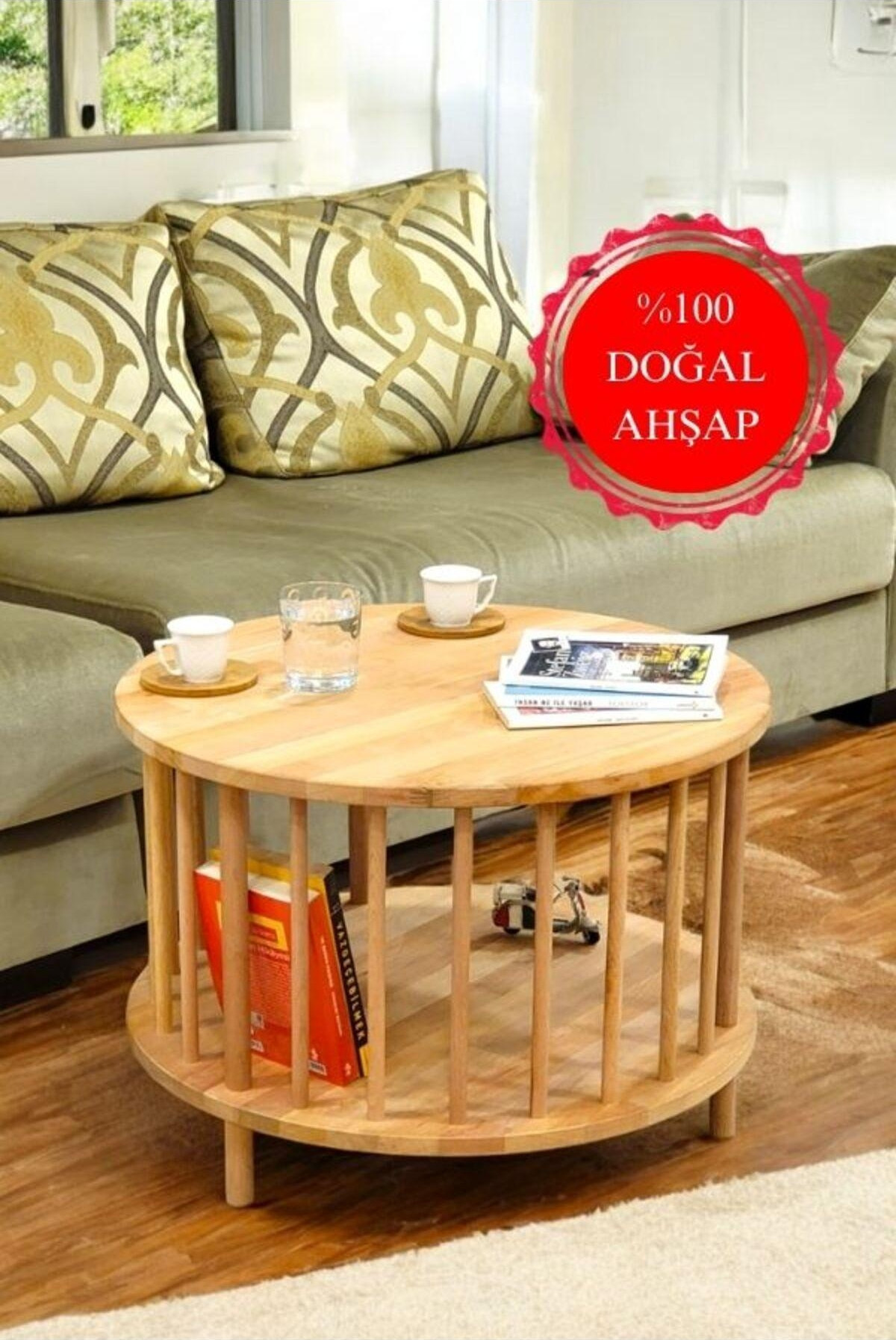 Peka Lüx Natural Ahşap Yuvarlak Orta Sehpa Ahşap Ayaklı Sehpa Iki Raflı ...