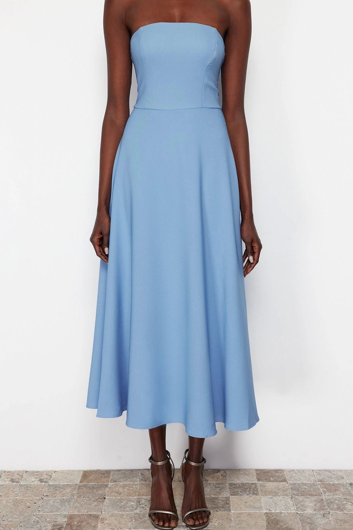 Moda Fit Düğün Nikah Finike Dokuma Straplez Kolsuz Kol Skater Midi Boy ...