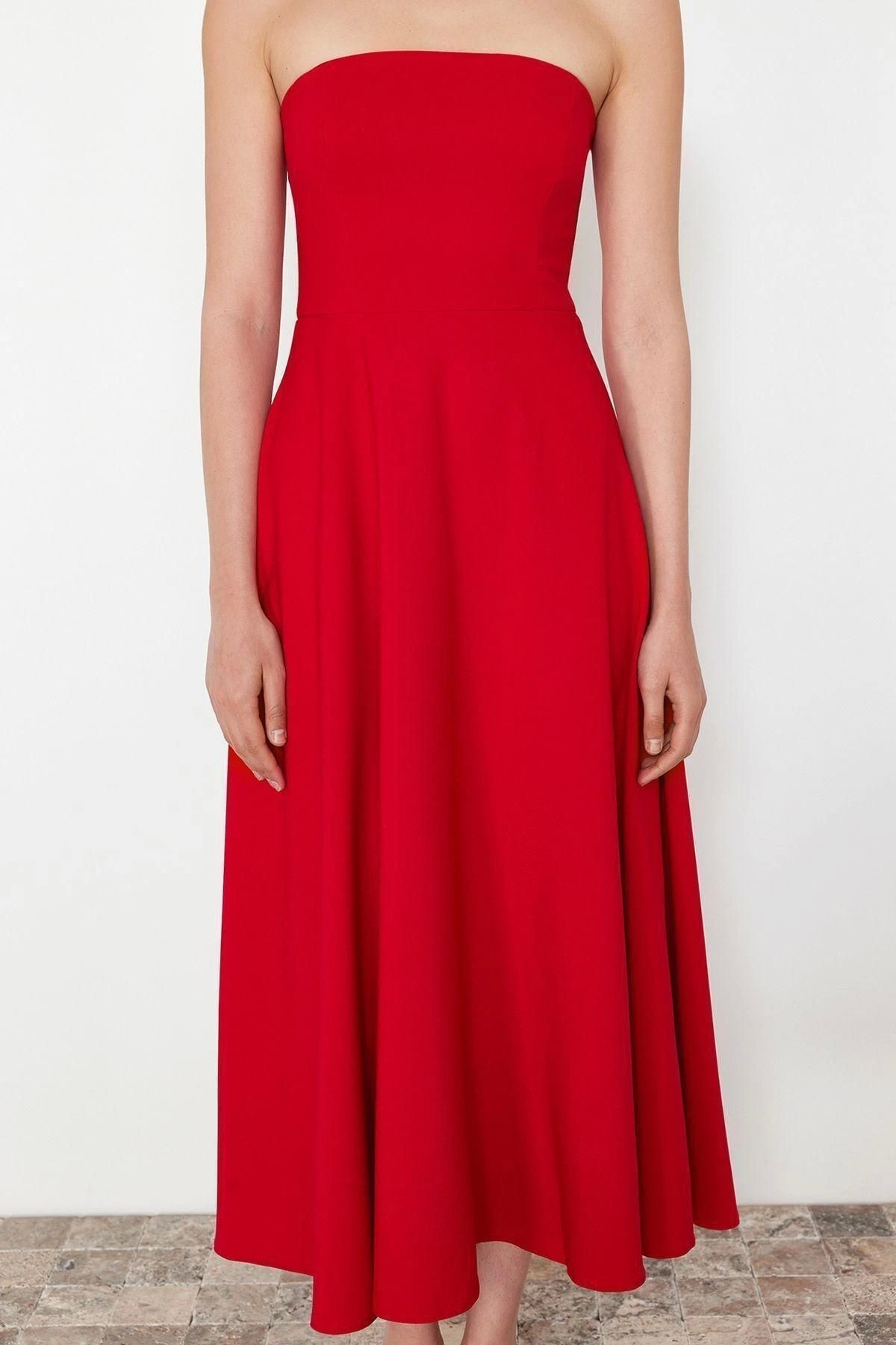 Moda Fit Düğün Nikah Finike Dokuma Straplez Kolsuz Kol Skater Midi Boy ...