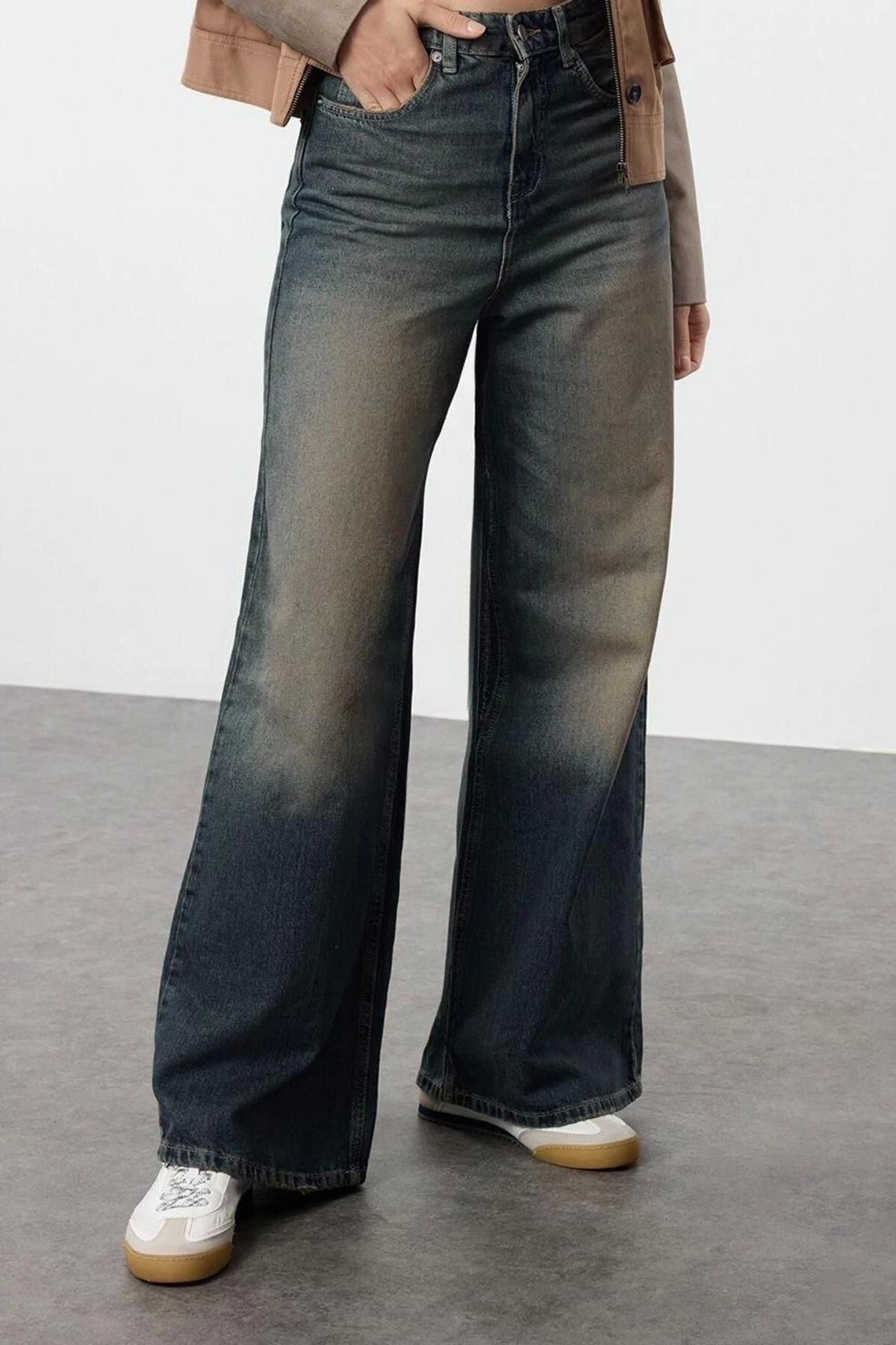 Stil Kadın Moda Denim Kot Pantolon Uzun Boru Paça Mavi Yüksek Bel ...