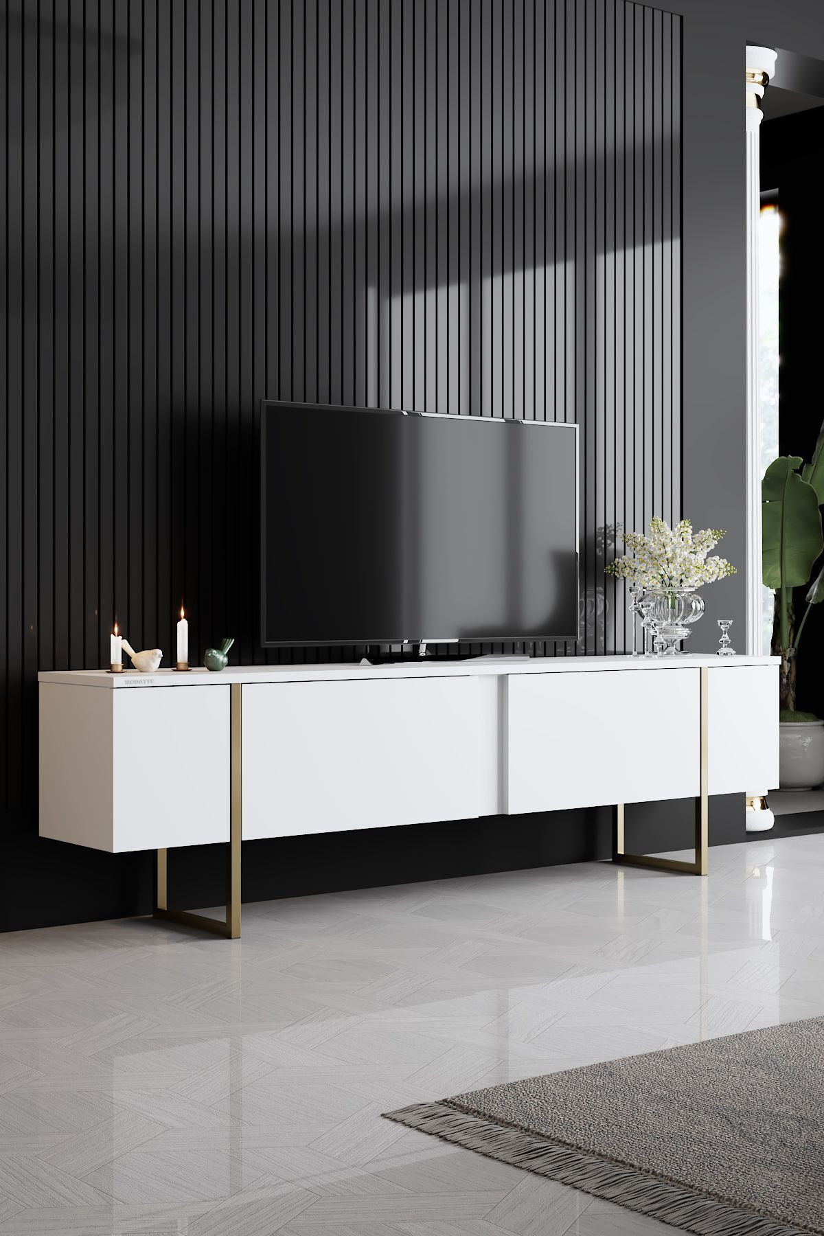 Modatte Luxe Gold Demir Ayaklı Beyaz Tv Sehpası Tv Ünitesi - idefix