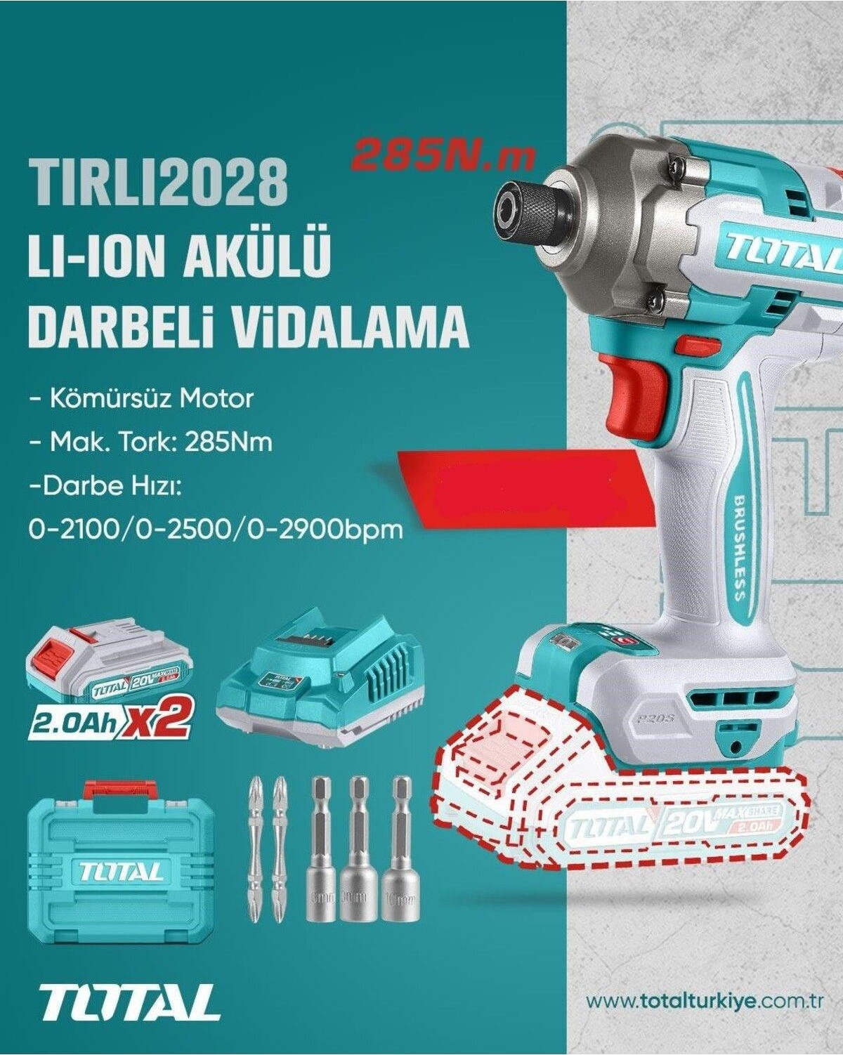 Total Li-ion Akülü Darbeli Vidalama ve Somun Sıkma Kömürsüz Motor 285 ...