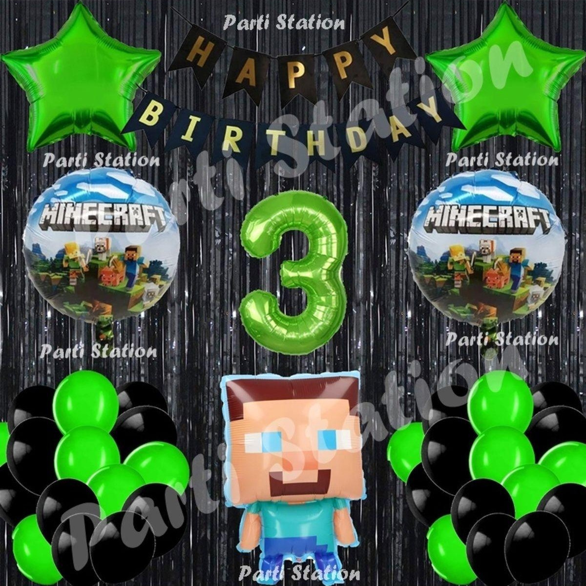 Parti Station Minecraft Balon Set 3 Yaş Minecraft Oyun Siyah Konsept Doğum Günü Parti Balon Set ...