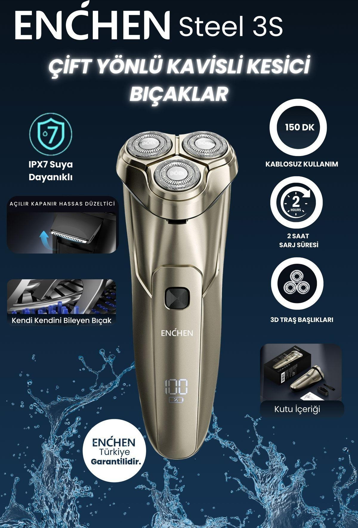 Enchen Steel 3S Gold Çift Yönlü Kavisli Bıçaklı Dijital Ekranlı Suya ...