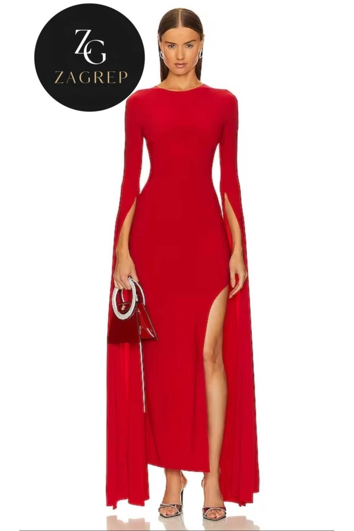 Zagrep Kadın Kırmızı Yırtmaçlı Sırt Dekolteli Pelerin Kol Astarlı İç ...