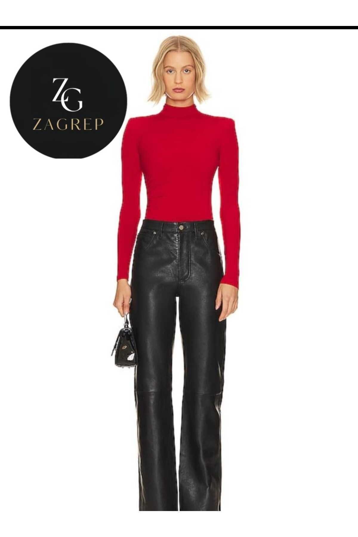 Zagrep Kadın Kırmızı Yarım Balıkçı Yaka İpek Jarse Body Çift Katlı İç ...