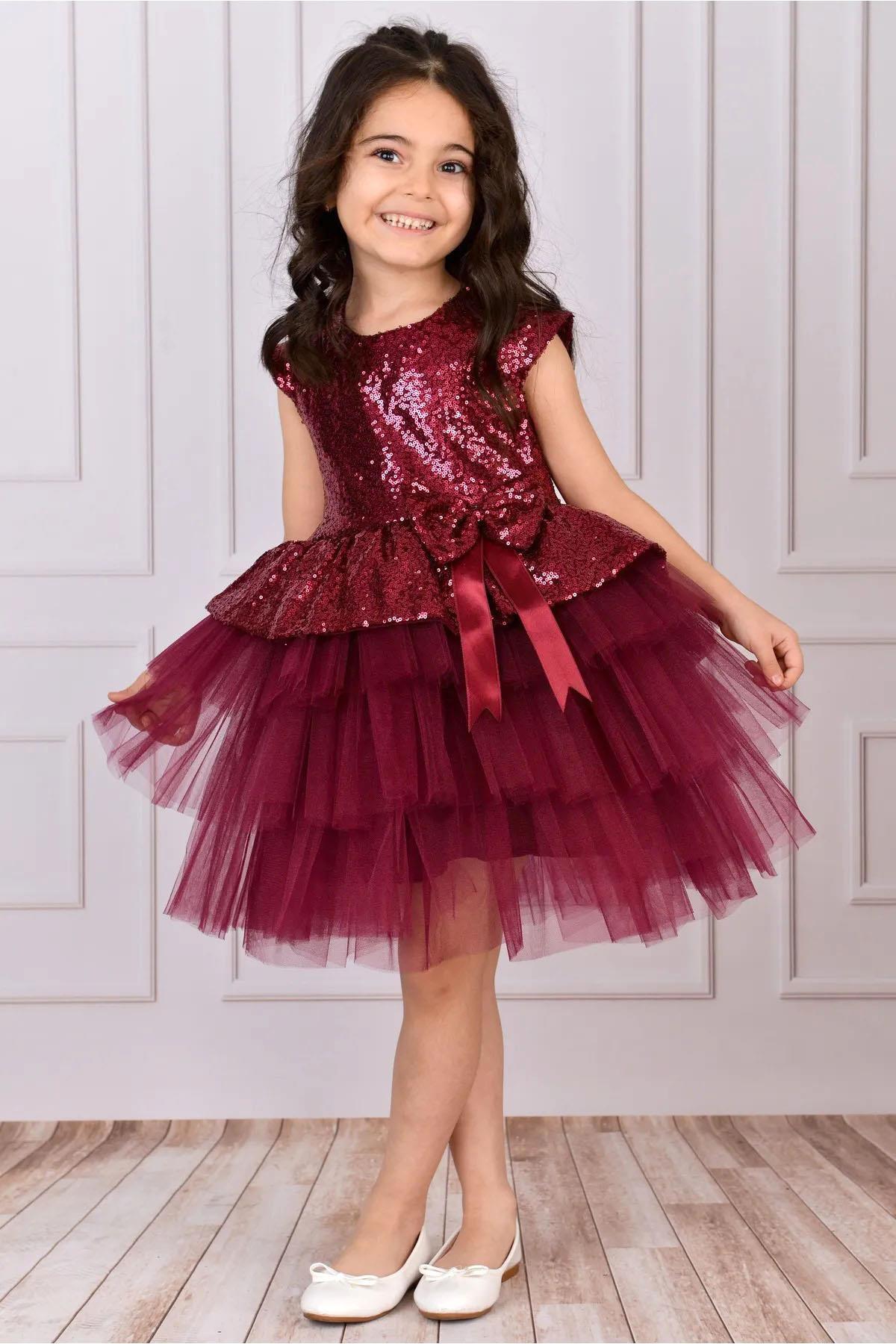 Kız Çocuk Abiye Elbise Tüllü Katlı Pul Payetli Bordo Mezuniyet Düğün ...