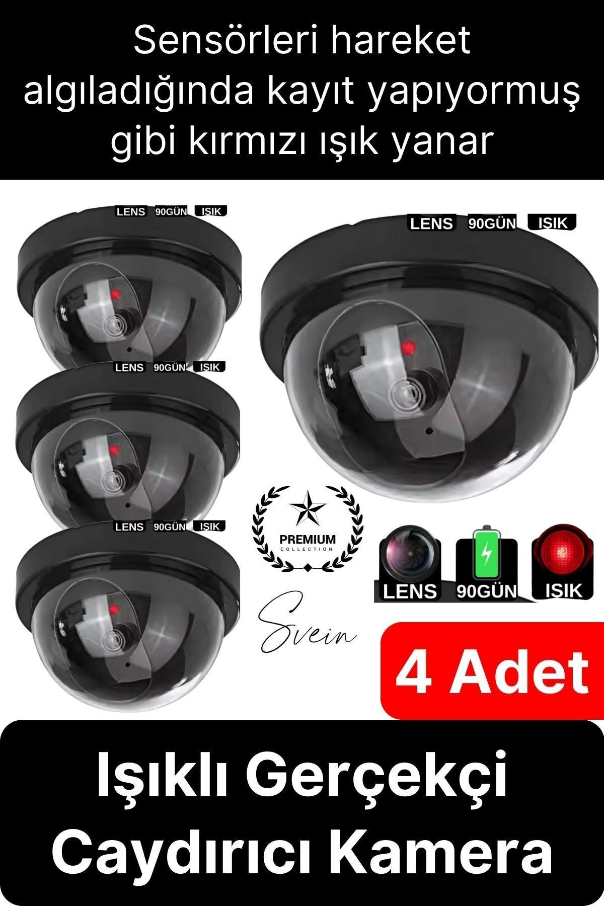 4 Ad. Caydırıcı Dome Güvenlik Kamerası Led Işıklı Hırsız Sensörlü Apartman Yazlık Maket Ev - idefix