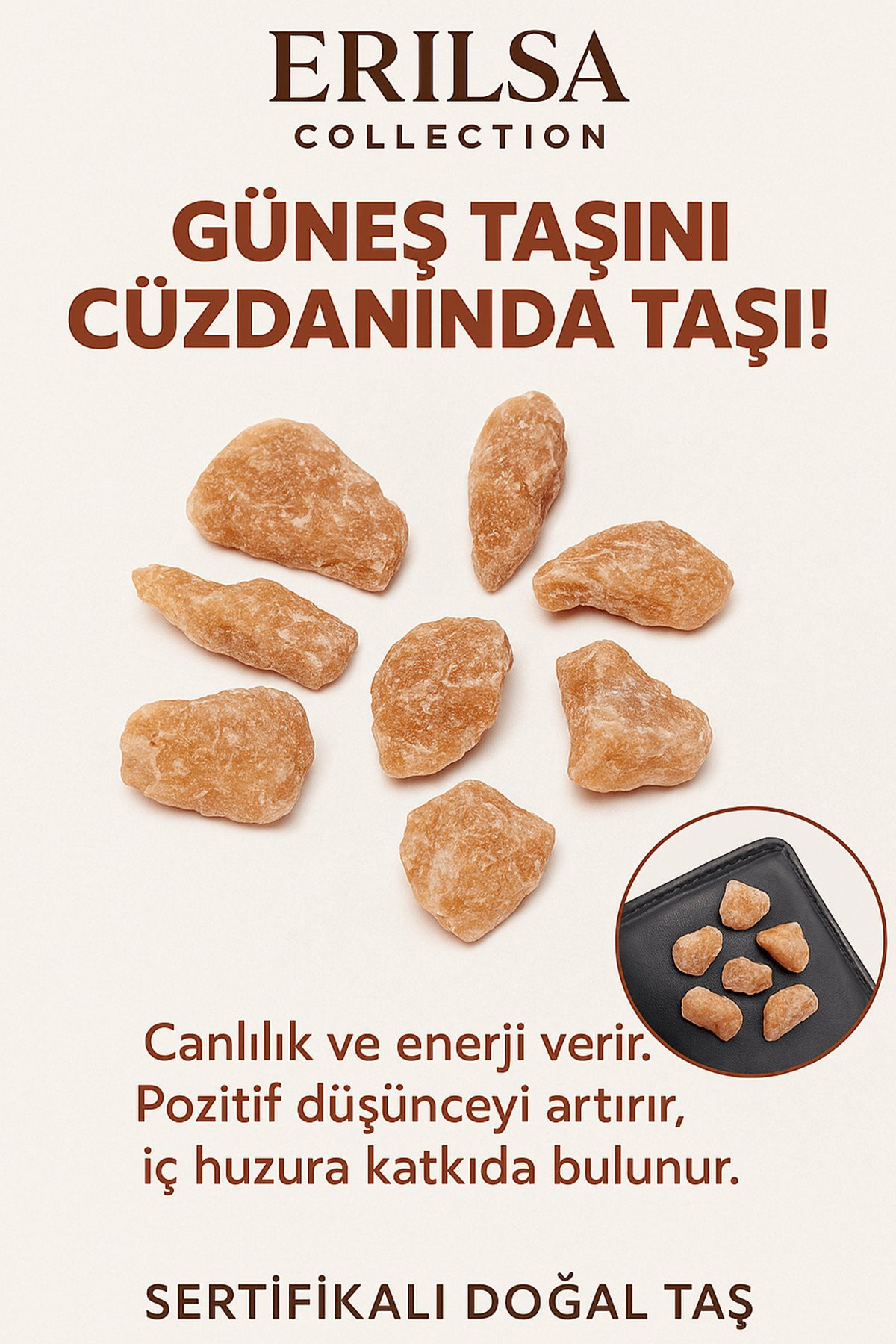 Sertifikalı Ham Cüzdan Boy Güneş Taşı Kütle - El Taşı - Neşe, Özgüven ...