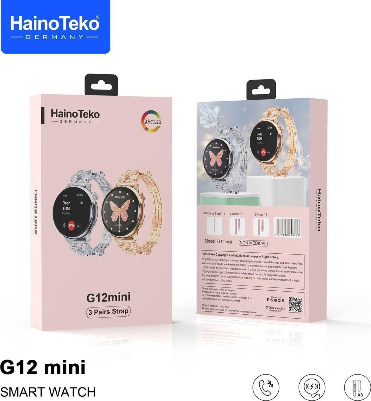 Hainoteko G12 Mini Akıllı Saat 3 Kordonlu Bayanlara Şık Tasarım Amoled Ekran GOLD - idefix