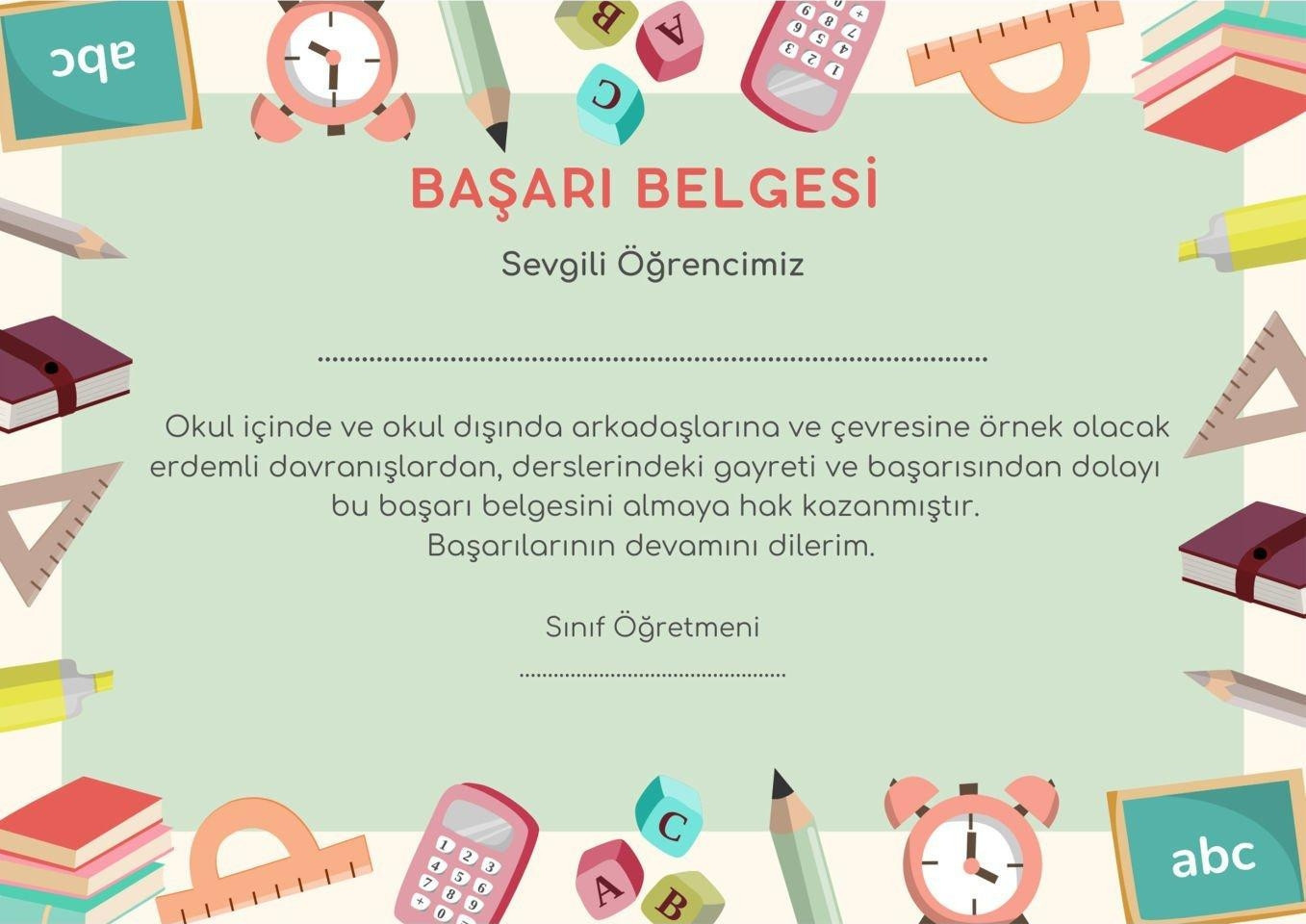 20 Adet A4 Boyutunda Öğrenci Başarı Belgesi - Anaokul - Ilkokul Başarı ...
