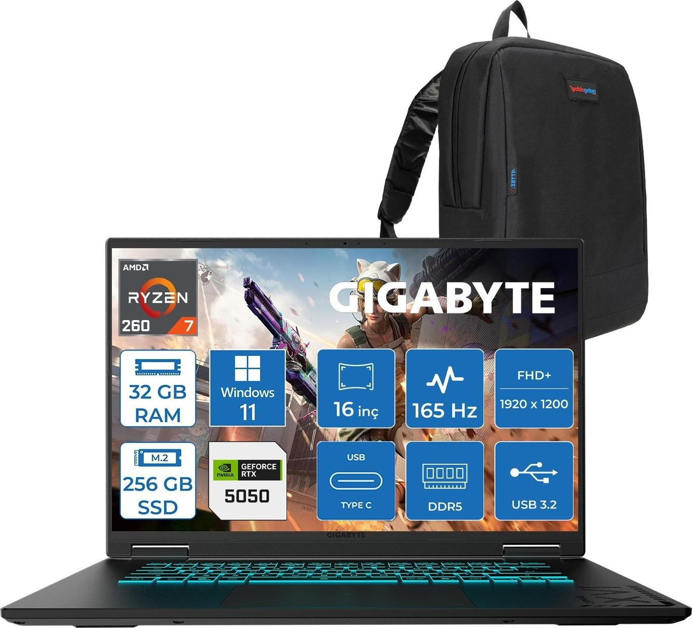 Gigabyte Gaming A16-3TH Amd Ryzen 7 260 32GB Ddr5 256GB SSD RTX5050 ...