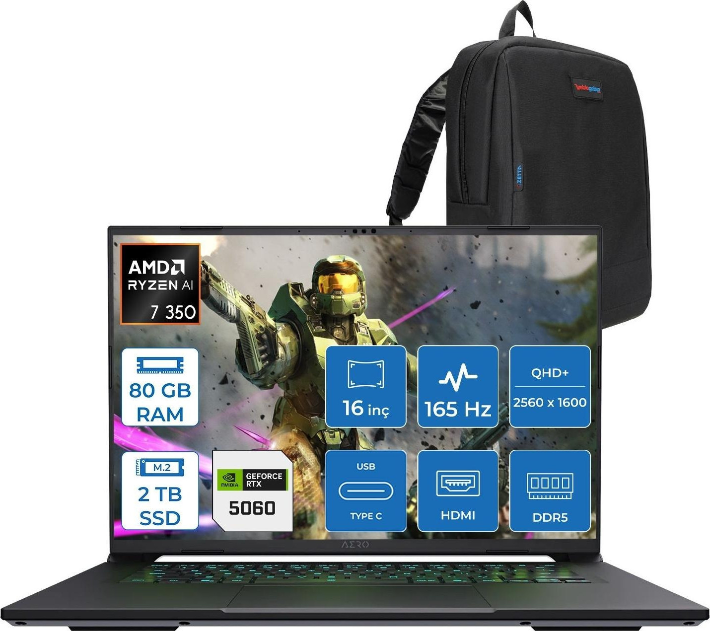 Gıgabyte Aero X16 Amd Ryzen Aı Ryzen7 350 80GB Ddr5 2tb SSD 8GB/RTX5060 ...
