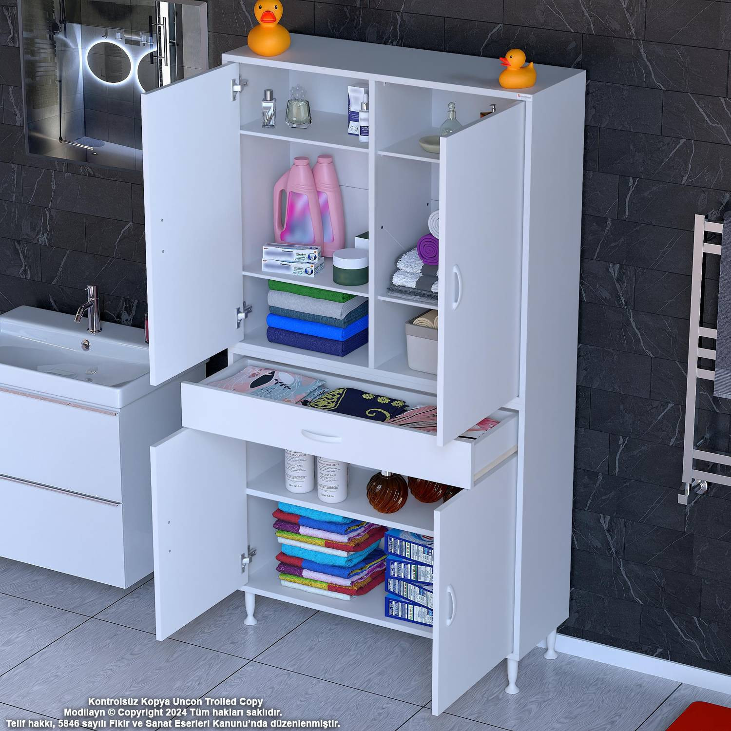 Sare Banyo ve Mutfak Dolabı Çok Amaçlı Dolap Tek Çekmece 4 Kapak 5 Raf ...