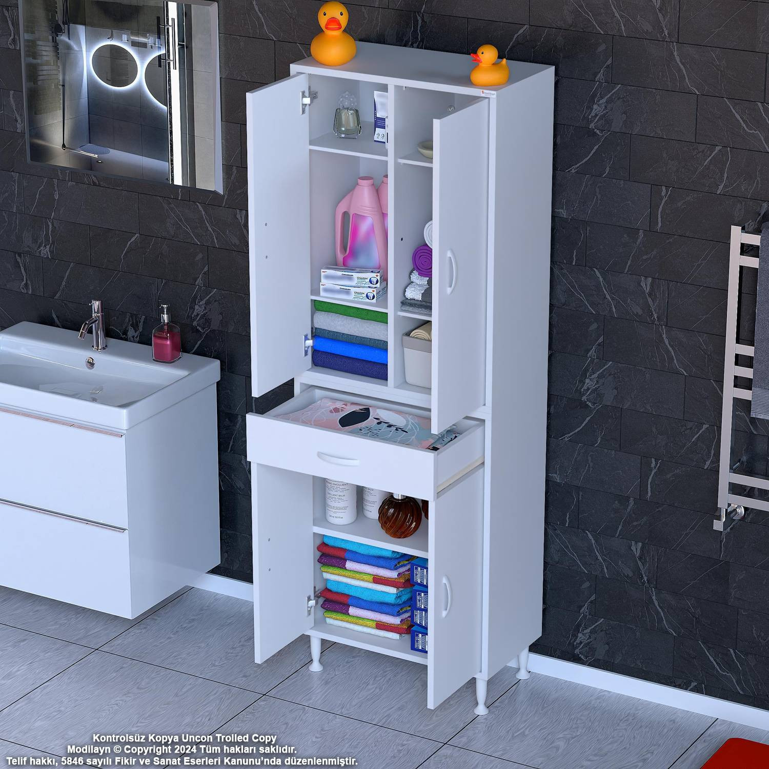 Sare Banyo ve Mutfak Dolabı Çok Amaçlı Dolap Tek Çekmece 4 Kapak 5 Raf ...