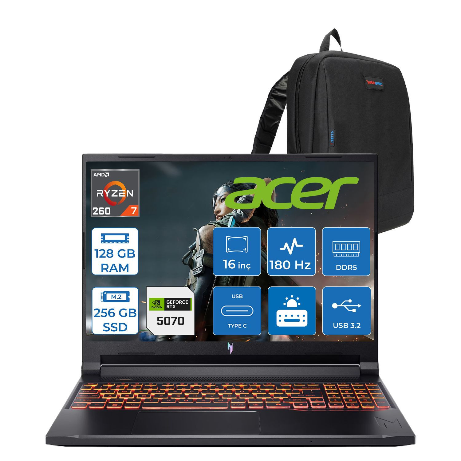 Acer Nitro V 16S Aı Amd Ryzen™ 7 260 128GB Ddr5 256GB SSD 8GB/RTX5070 ...