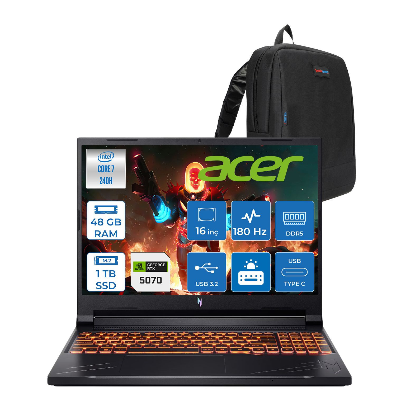 Acer Nitro V16 Aı Intel Core™ 7 240H 48GB Ddr5 1tb SSD RTX5070/8GB 95W ...