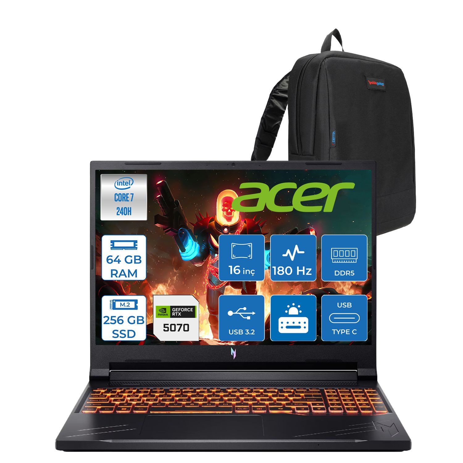 Acer Nitro V16 Aı Intel Core™ 7 240H 64GB Ddr5 256GB SSD RTX5070/8GB ...
